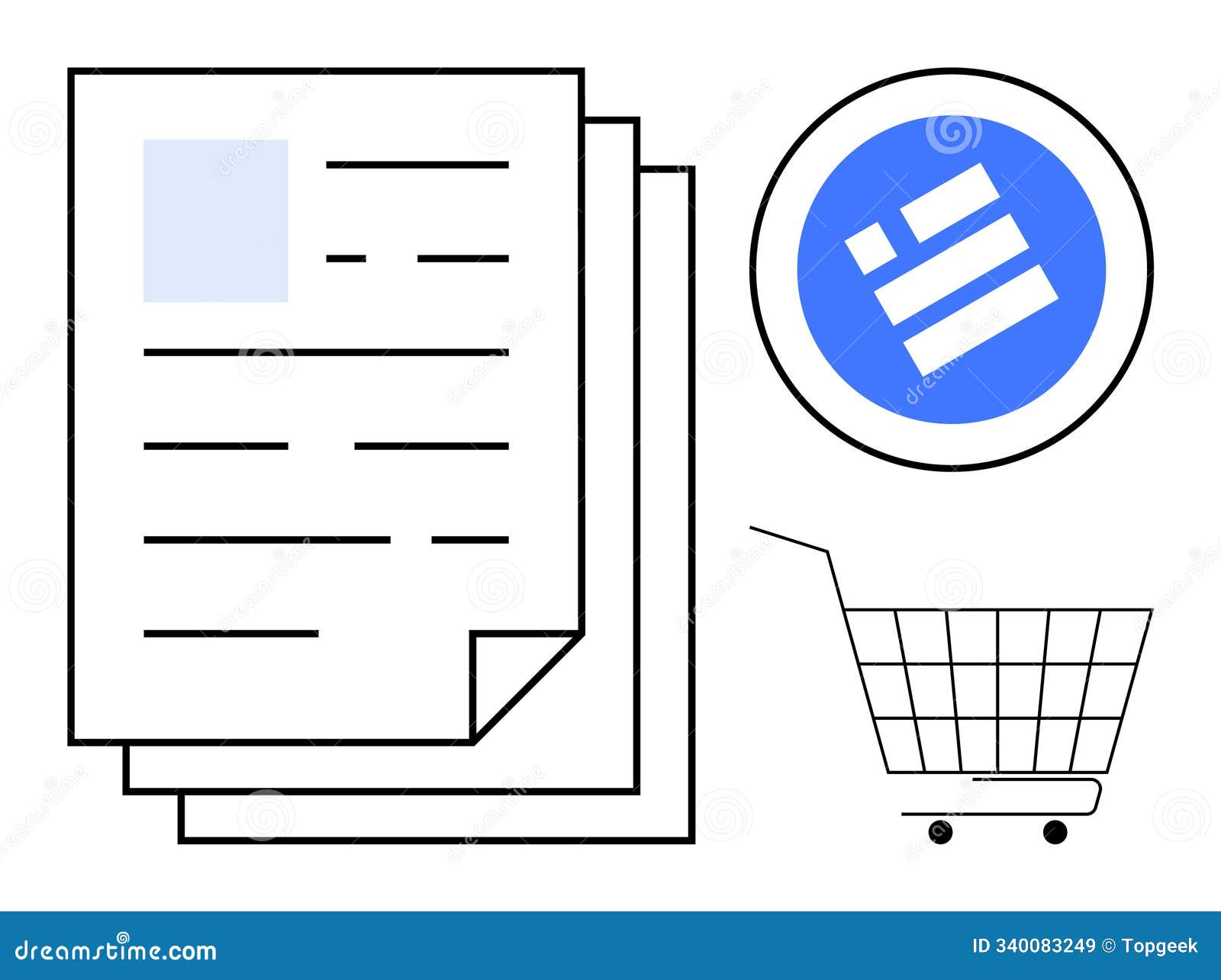 Shopping Cart Icon with Documents and Blue Circular Chart Stock ...