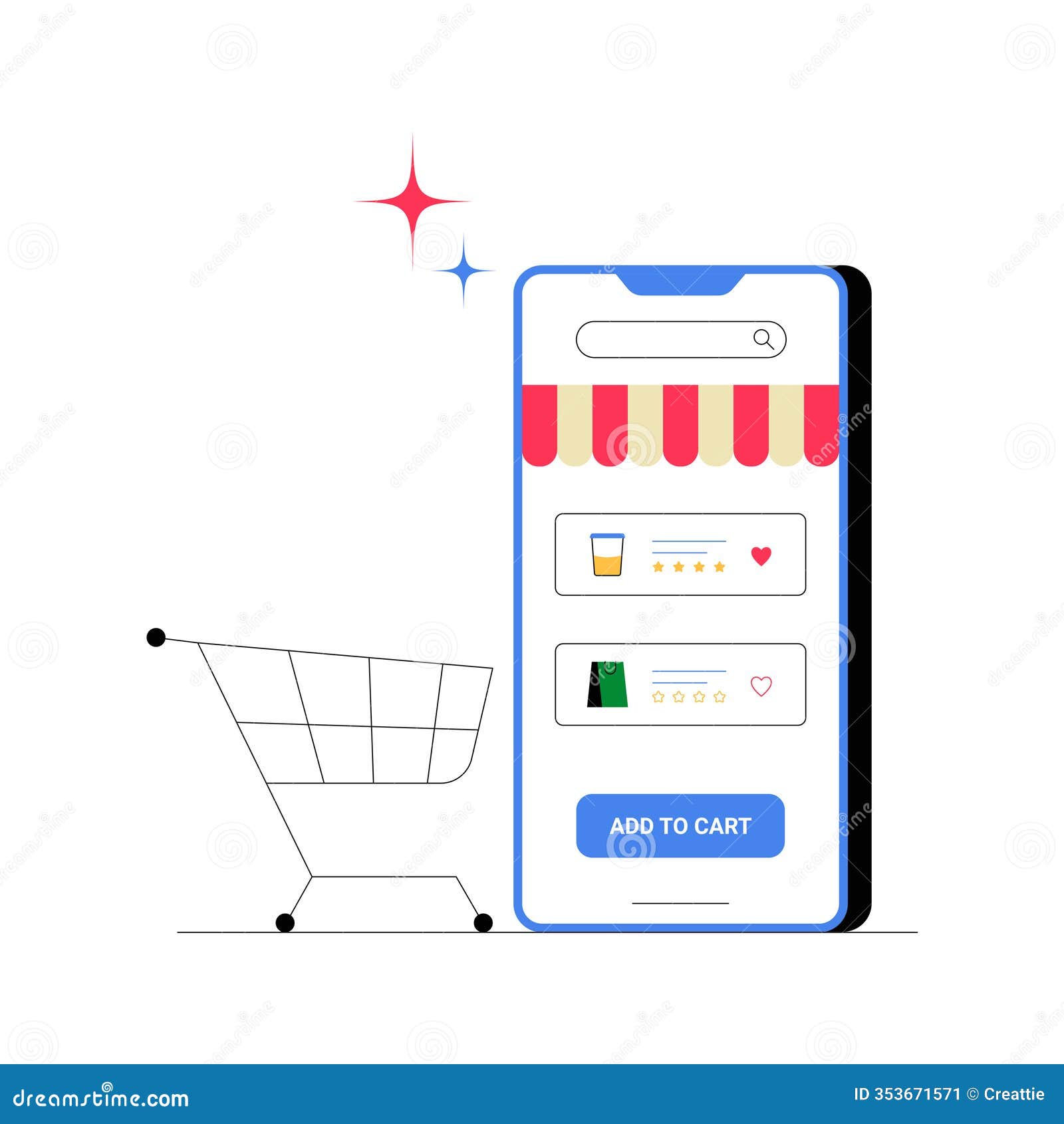 Shopping Cart with Mobile Storefront on Screen in Flat Vector ...