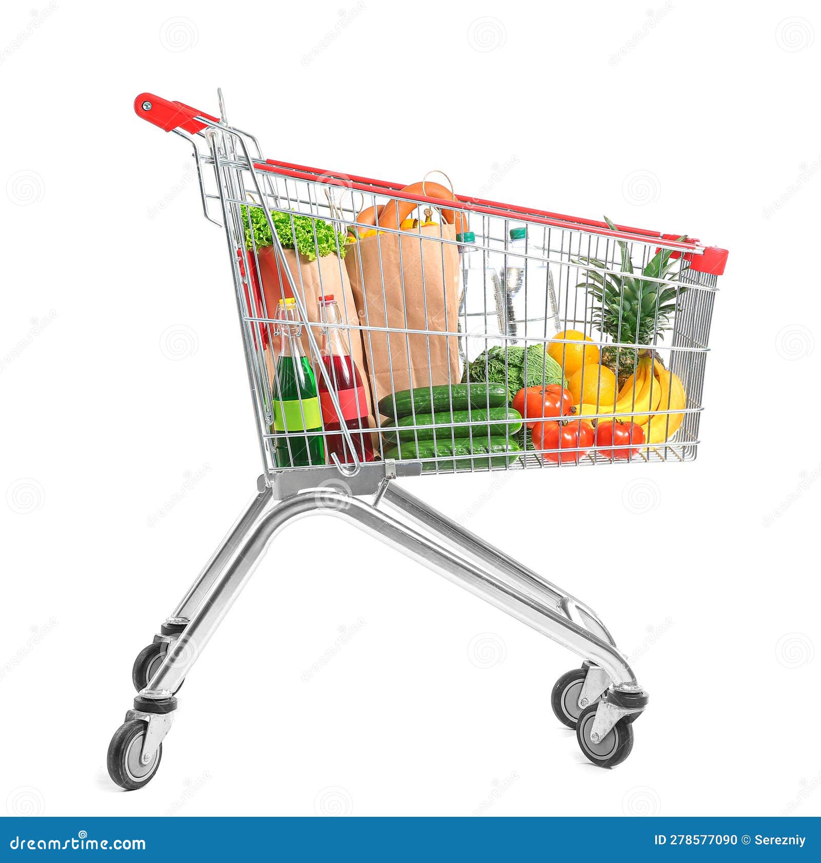 Shopping Cart with Products on White Background Stock Photo - Image of ...