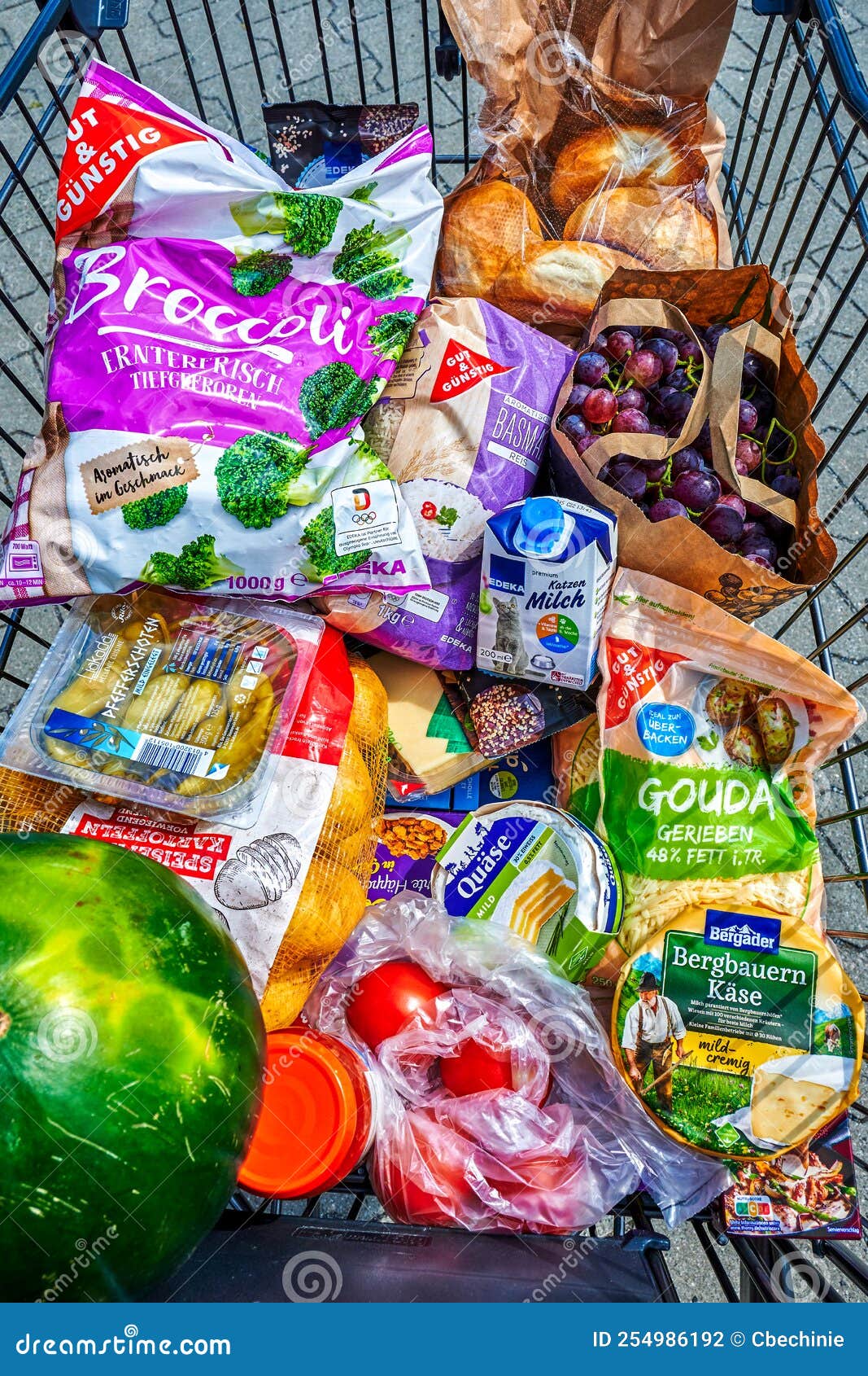 Shopping Cart with Various Products for daily Needs Editorial ...