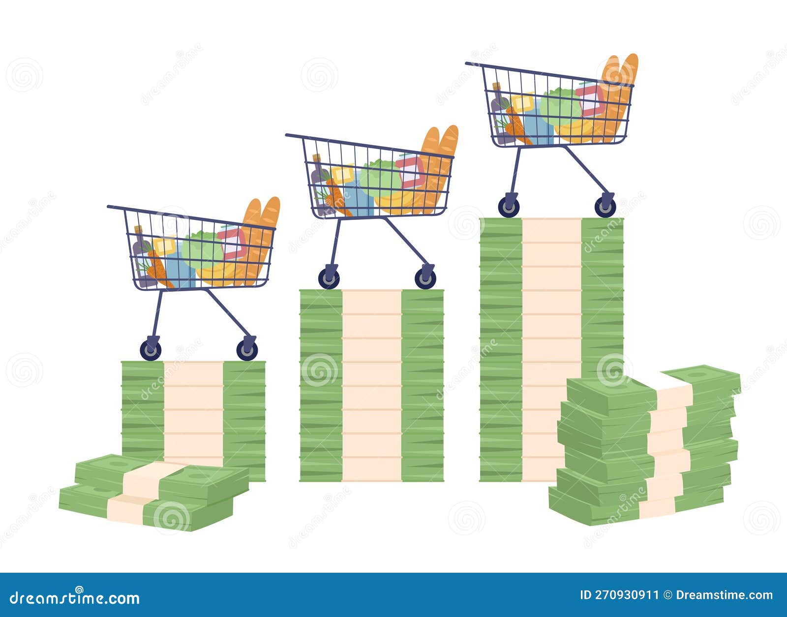 Shopping Carts Standing on Banknotes Stack Flat Concept Vector Spot ...