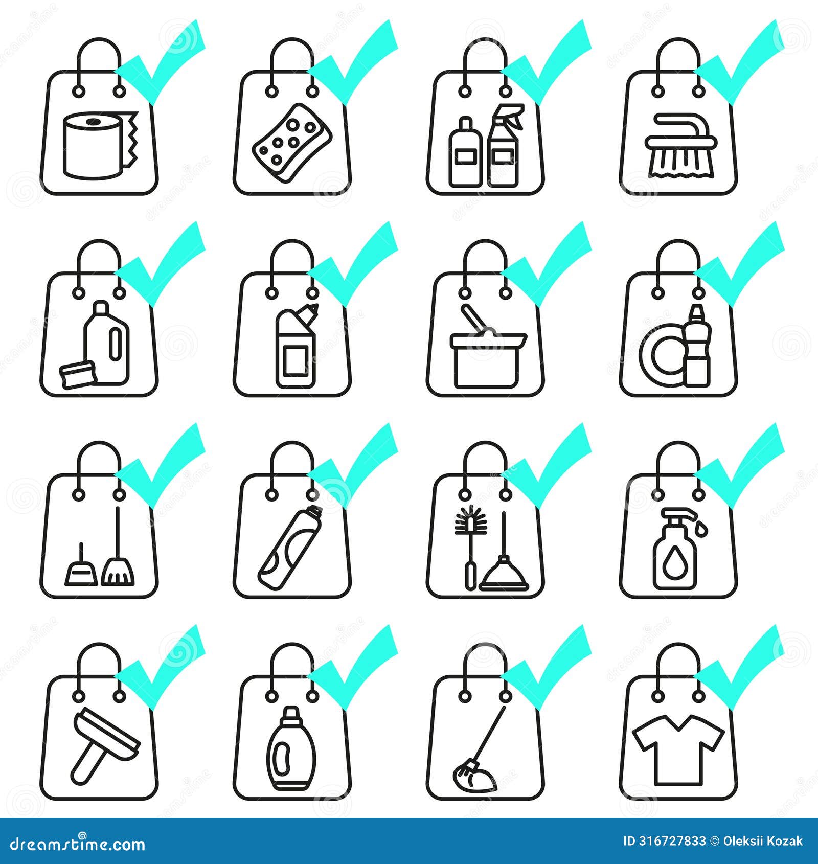 Shopping Cleaning Symbols with Checkmarks. Set of Linear Icons on the ...