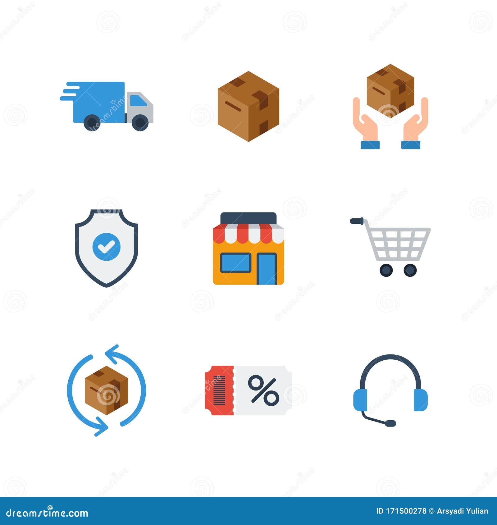 Shopping Delivery Packaging Discount Shop Colored Flat Icon Set Vector ...