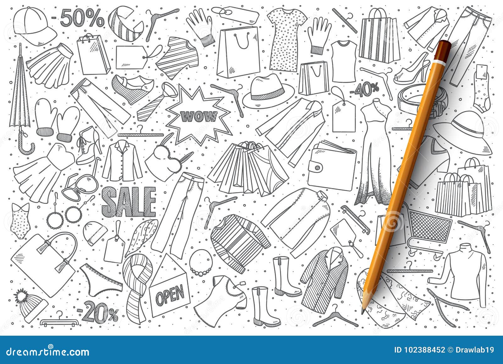 Shopping doodle vector set stock vector. Illustration of dress - 102388452