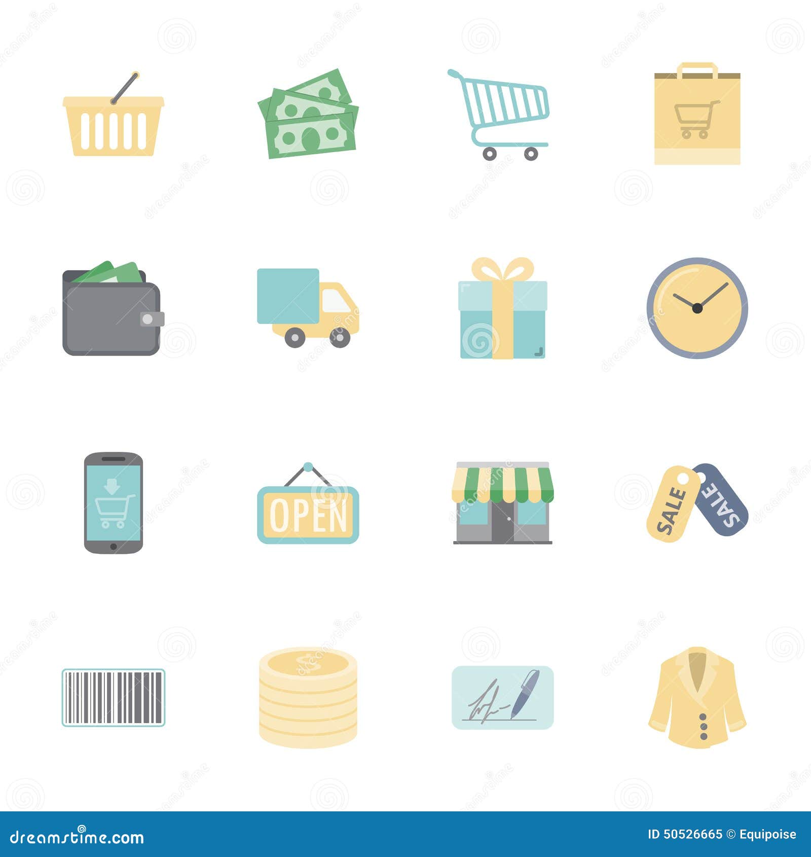 Shopping flat icons set stock illustration. Illustration of open - 50526665