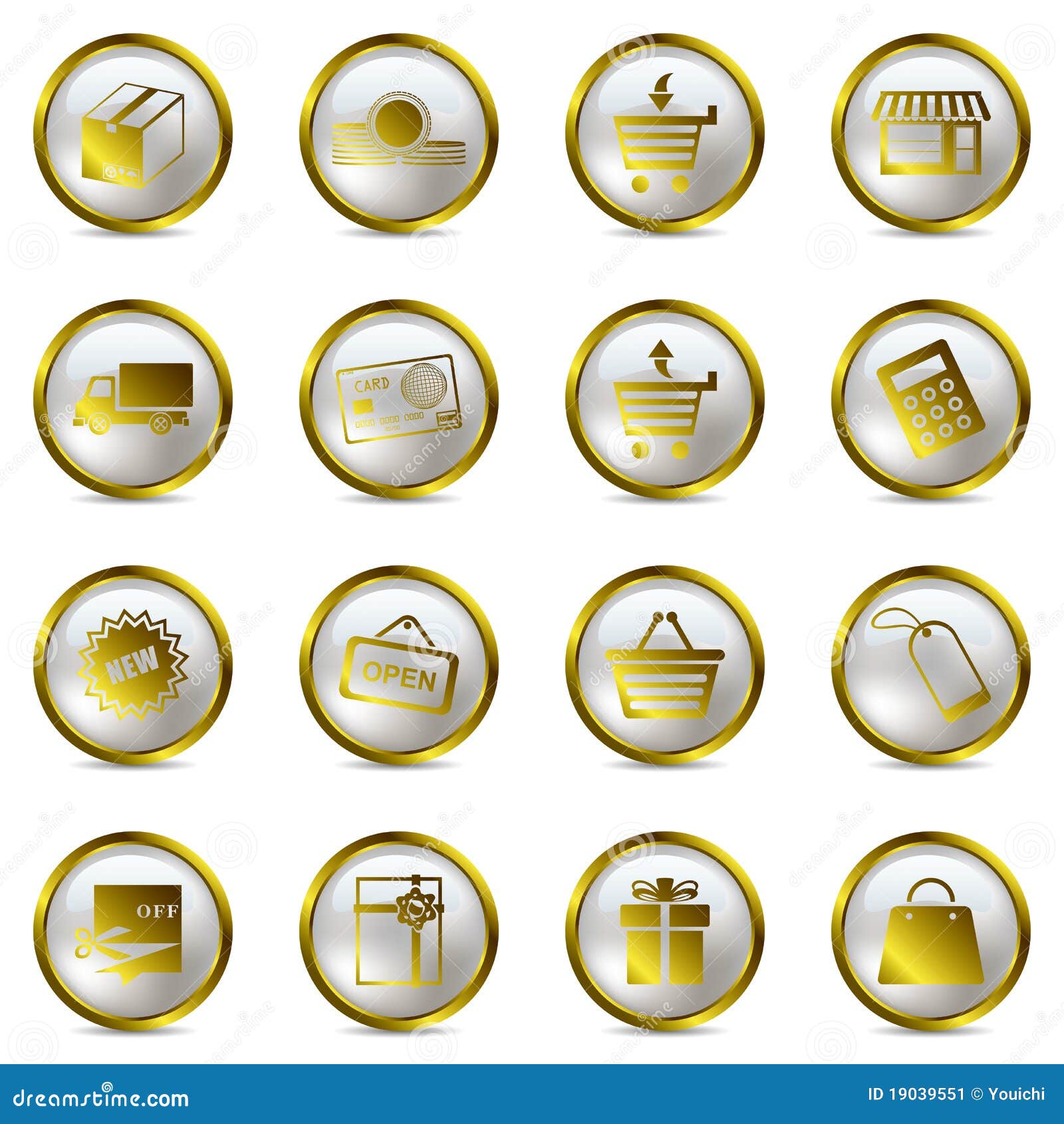 Shopping gold icons set stock vector. Illustration of currency - 19039551