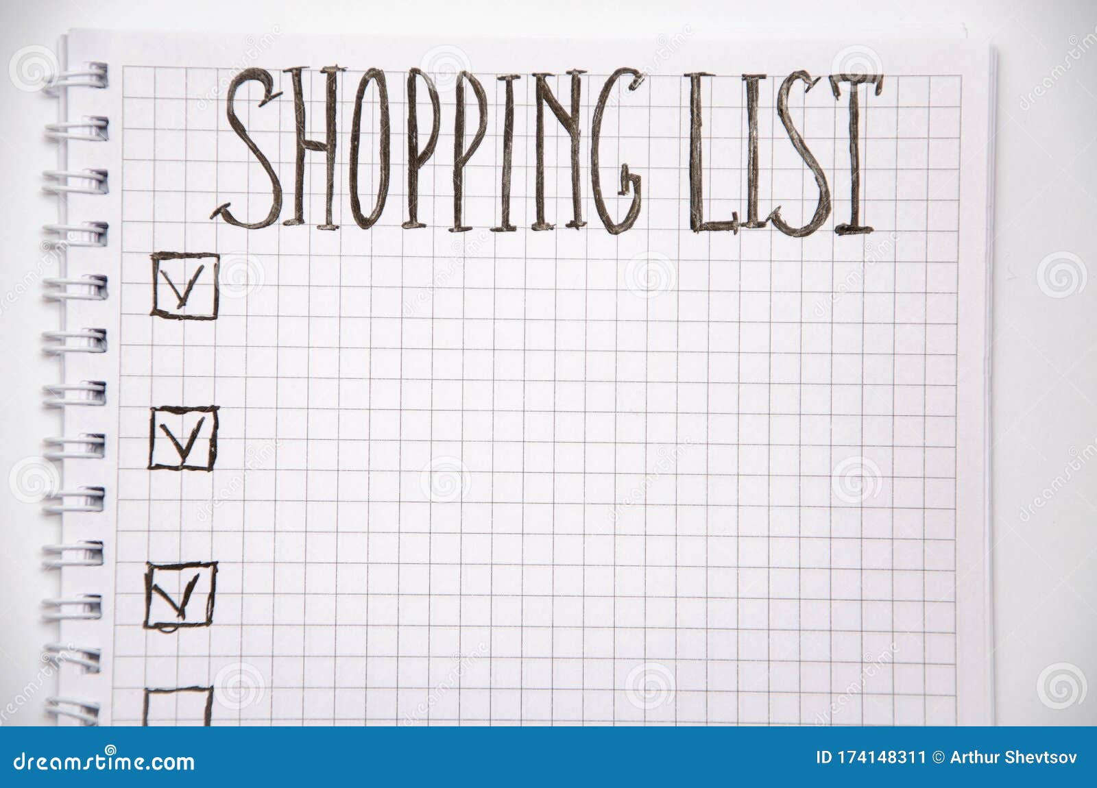 Shopping List. Squared Notebook with Black Pen on a White Background ...