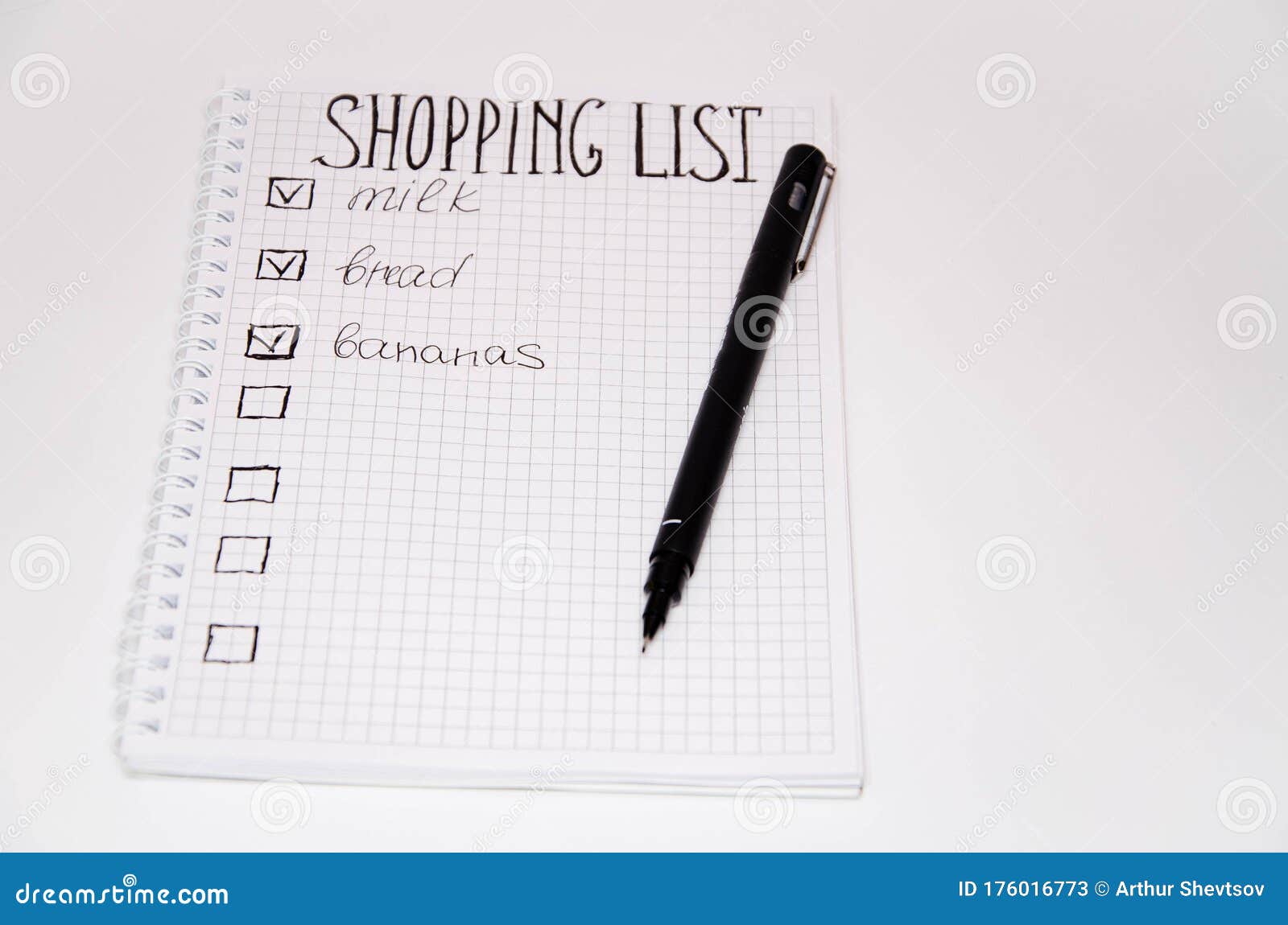 Shopping List. Squared Notebook with Black Pen on a White Background ...