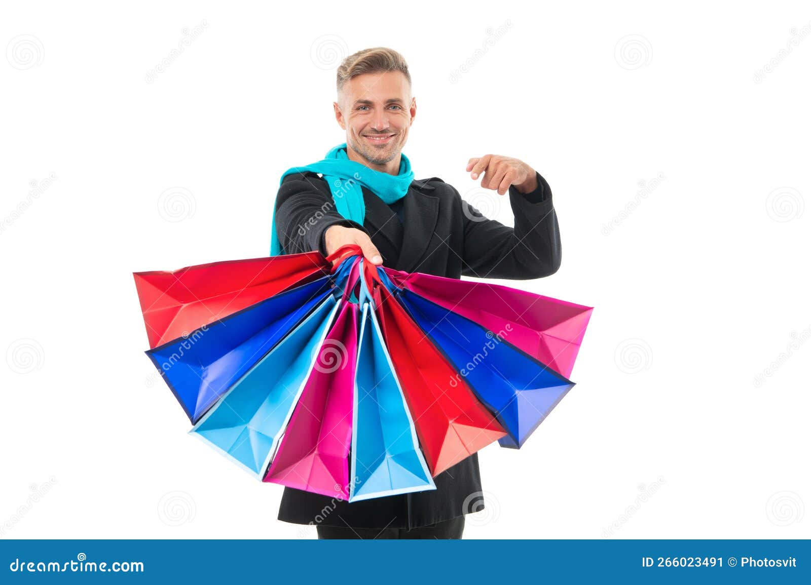 Shopping Man with Purchase Isolated on White, Selective Focus. Shopping ...