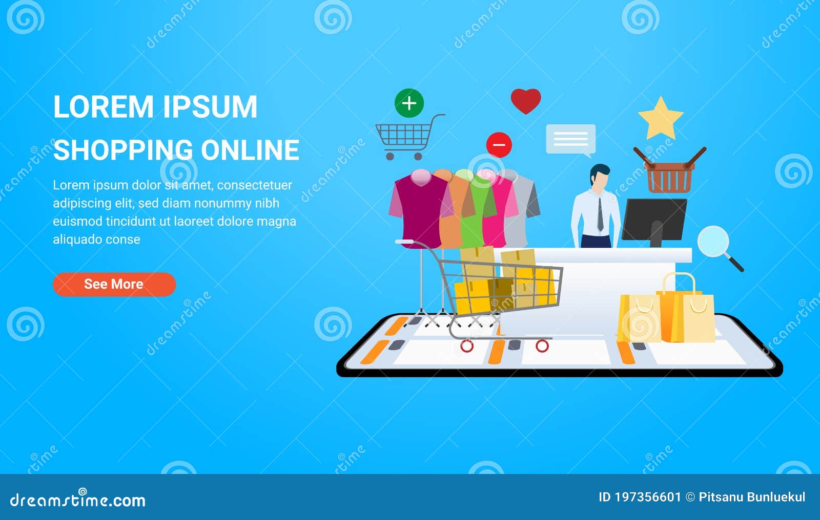 Shopping Online Banner on Blue Background Stock Vector - Illustration ...