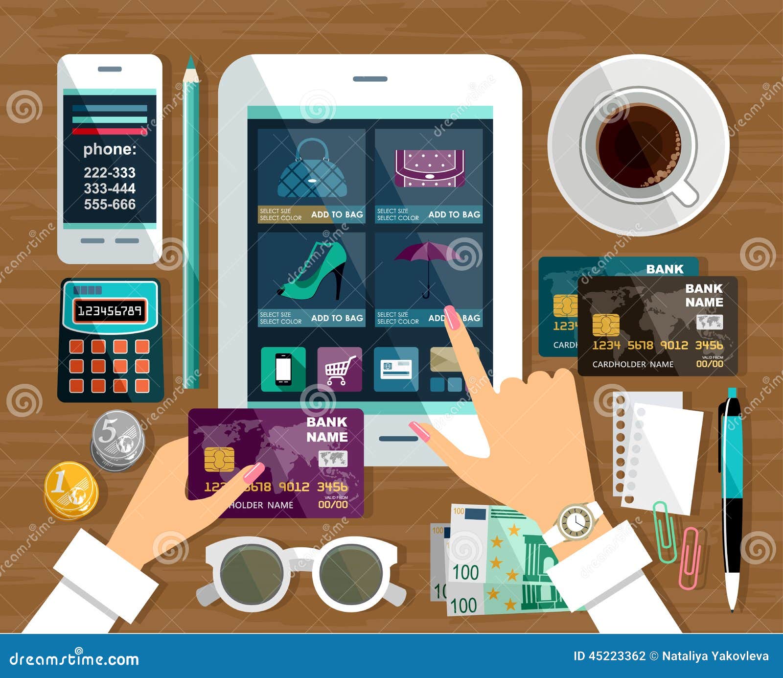 Shopping in online store. stock vector. Illustration of hands - 45223362