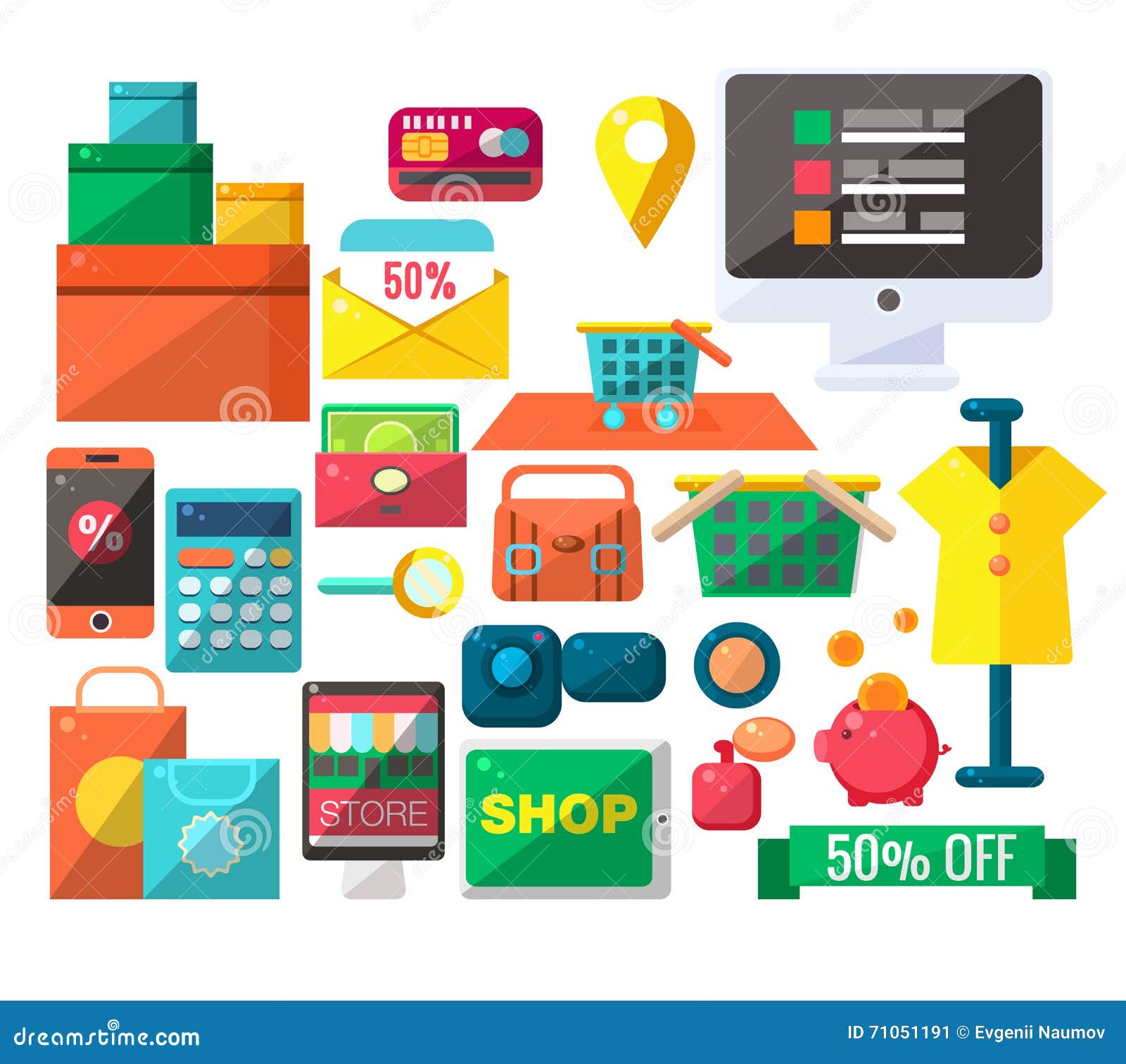 Shopping Related Objects Set Stock Vector - Illustration of coin ...