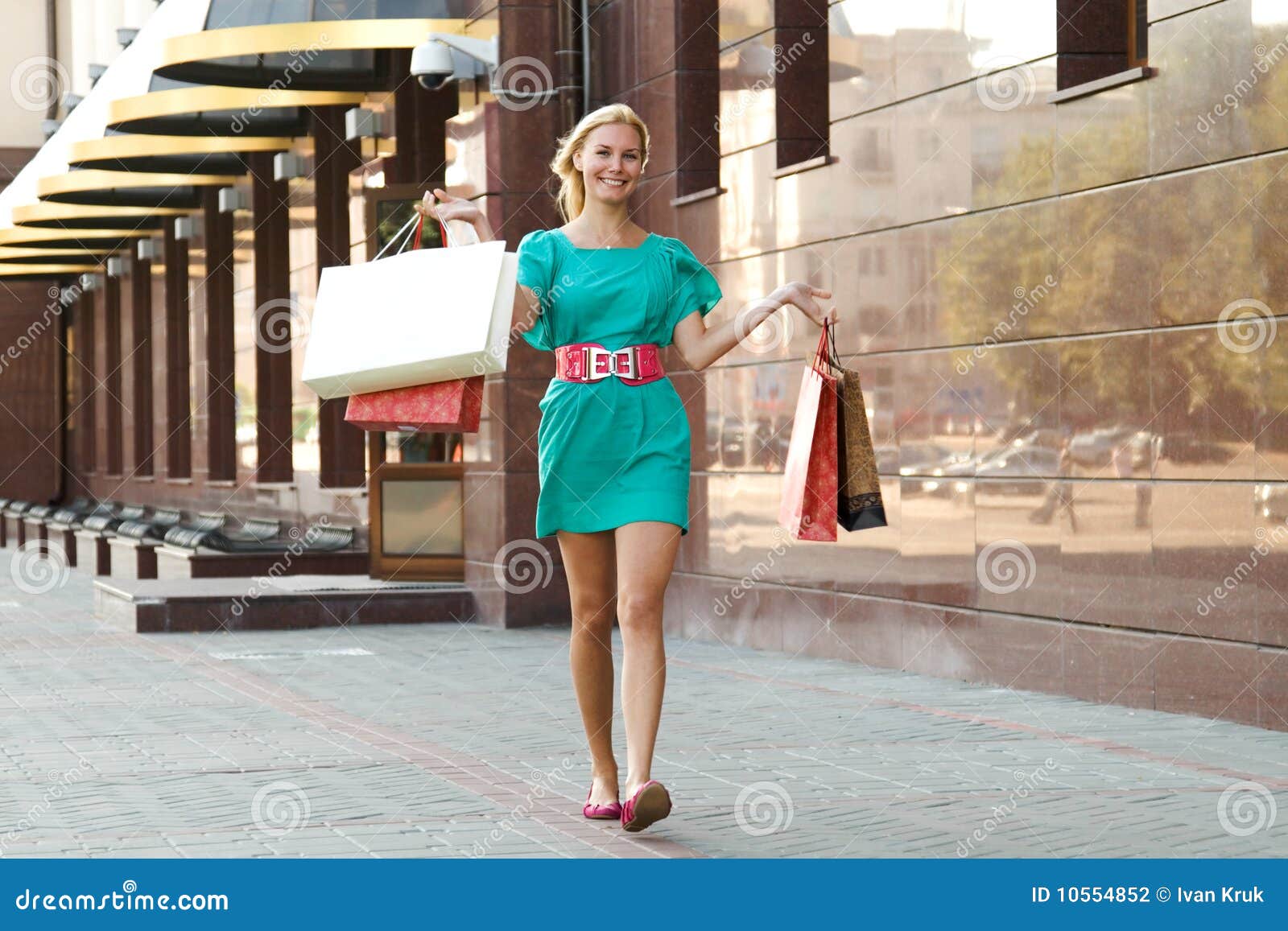 Shopping Smiling Woman Walking Stock Photo - Image of gift, buying ...