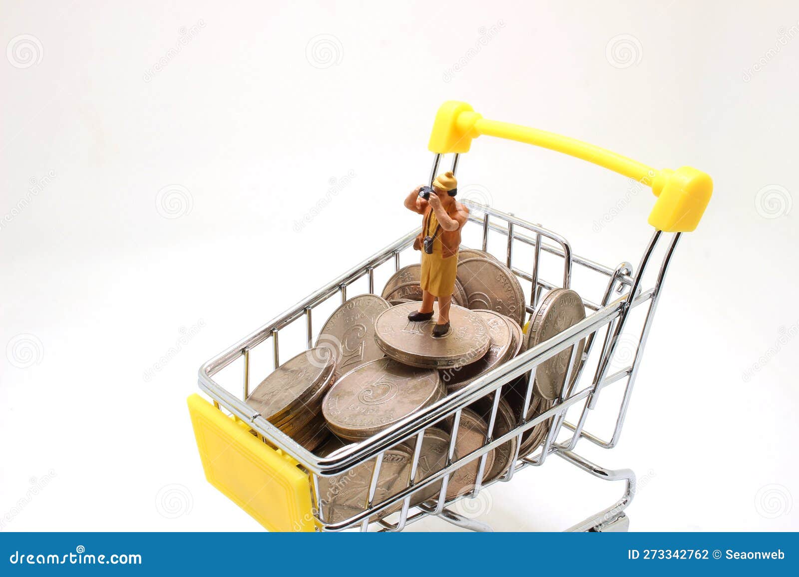 A Shopping Trolley with Coins, Isolated on White Stock Photo - Image of ...