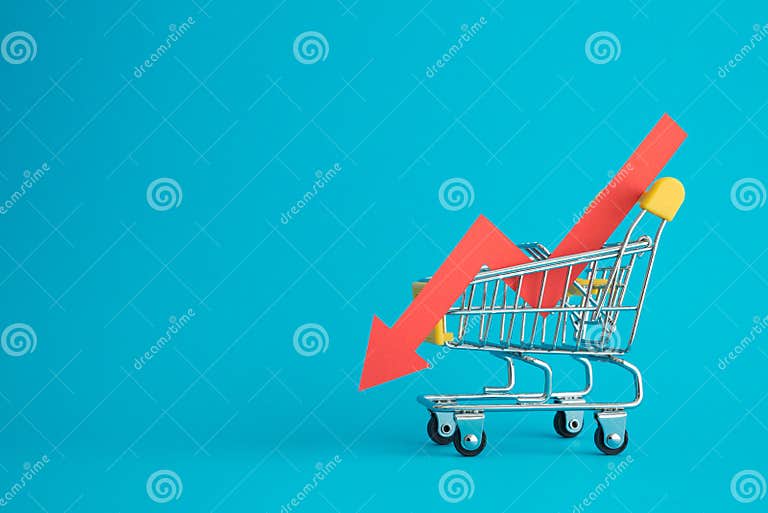 Shopping Trolley with Red Chart Falling Down on Blue Background Copy ...