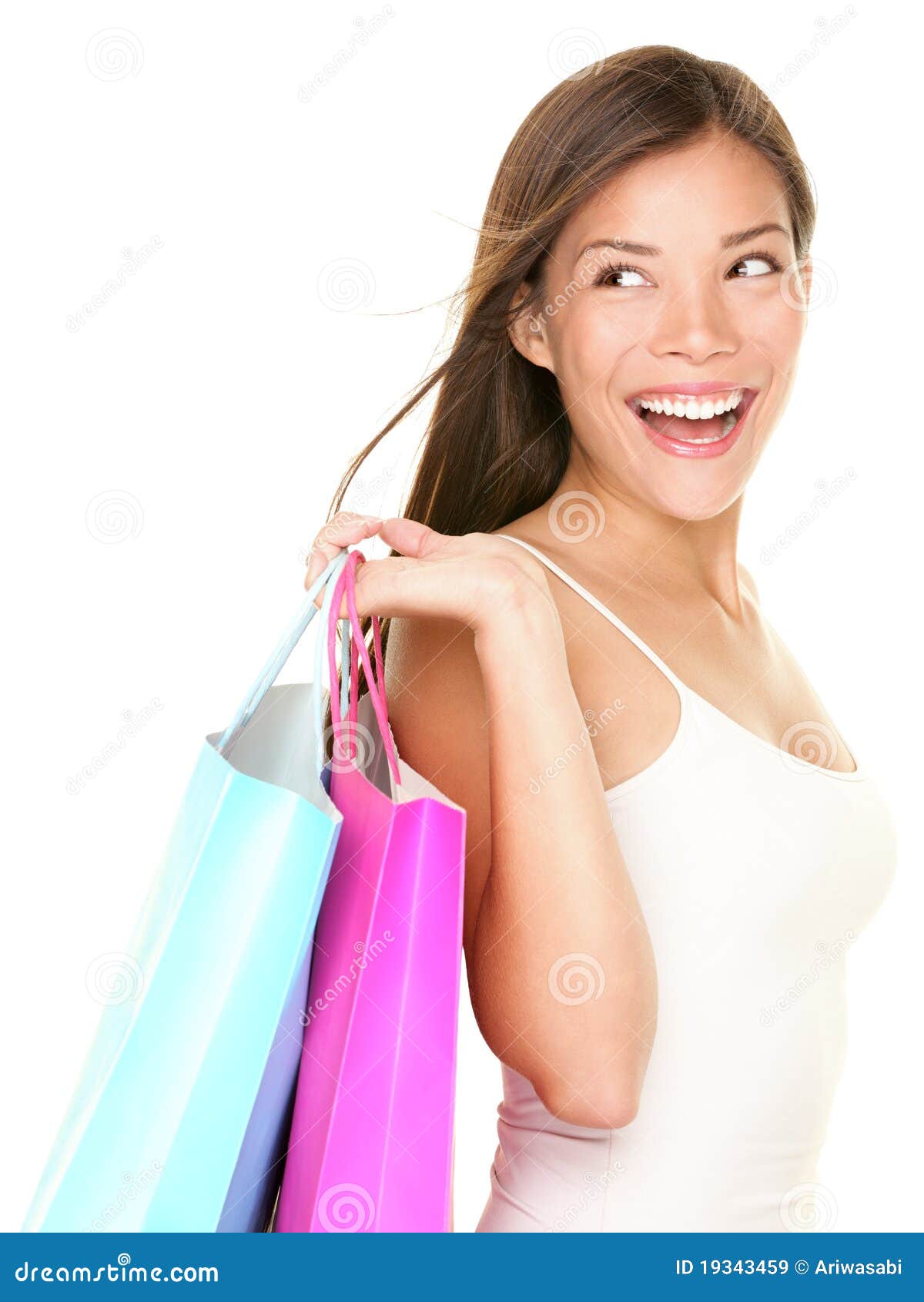 Shopping Woman Happy Looking at White Side Stock Image - Image of ...