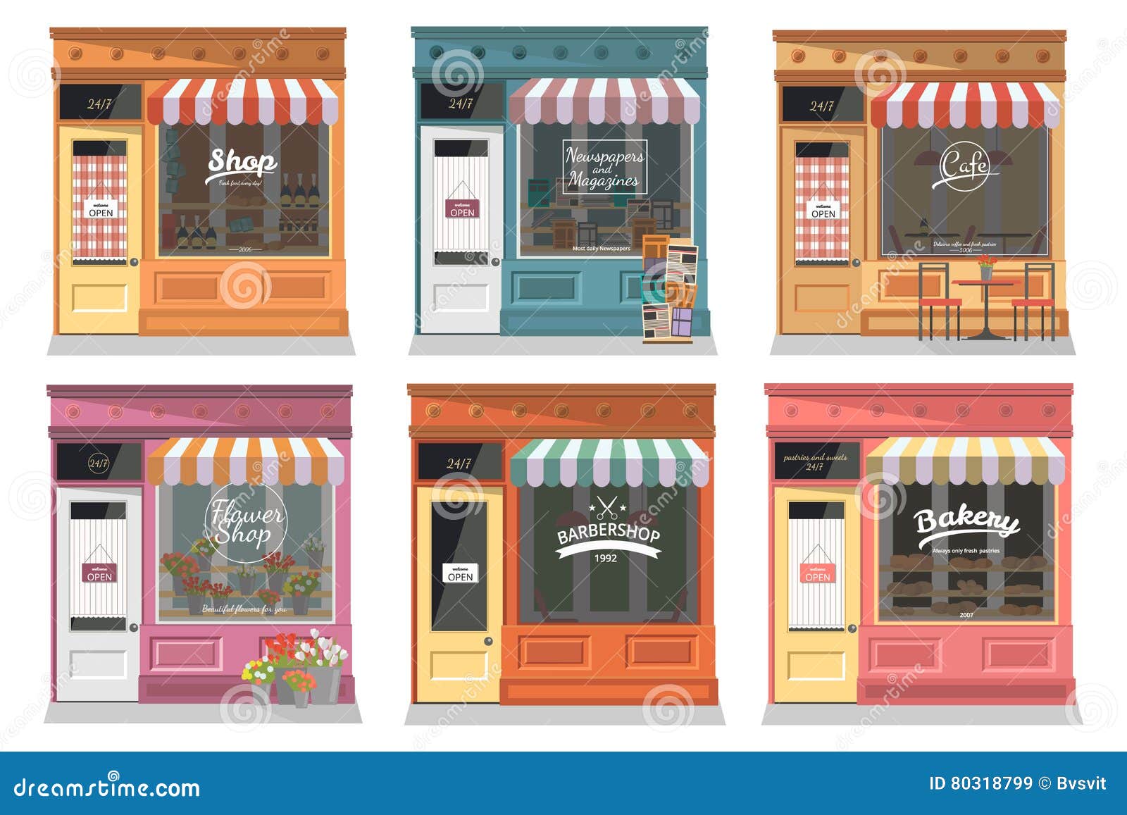Shops and Stores Facade Icons Set in Flat Design Style. Stock Vector ...