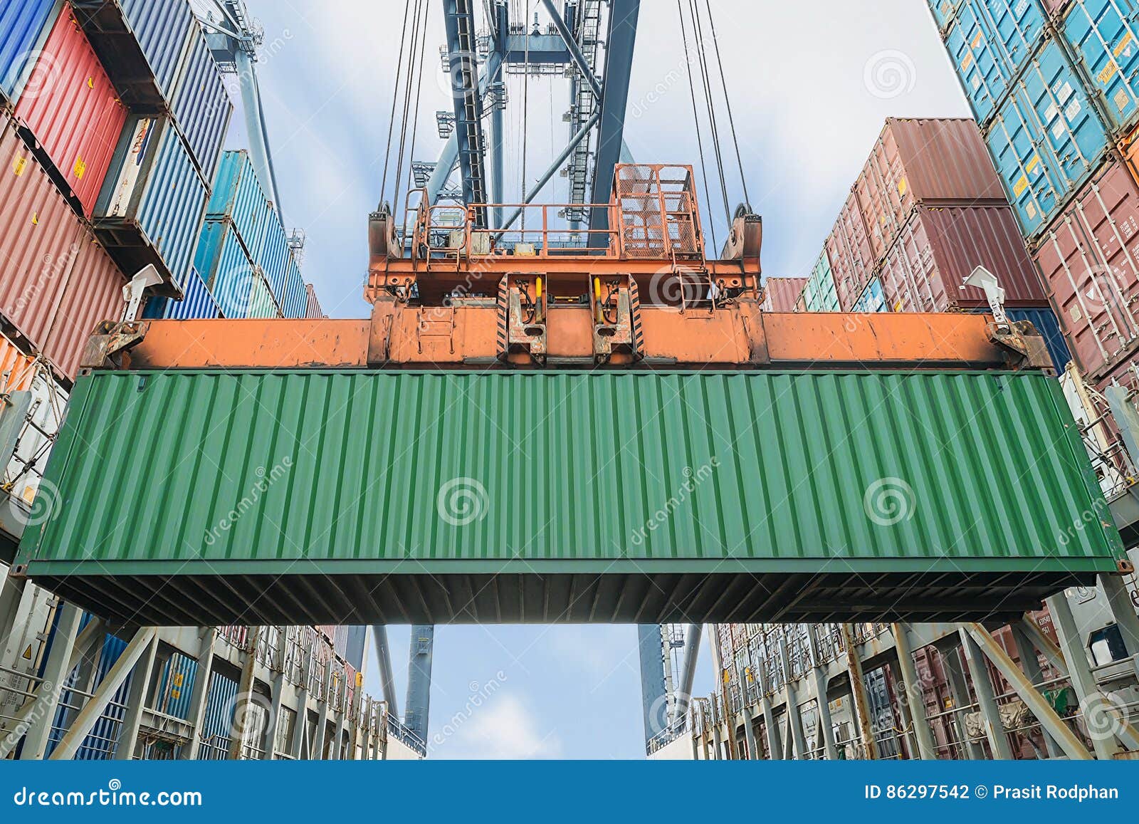 Shore Crane Loading Containers in Freight Ship Stock Photo - Image of ...