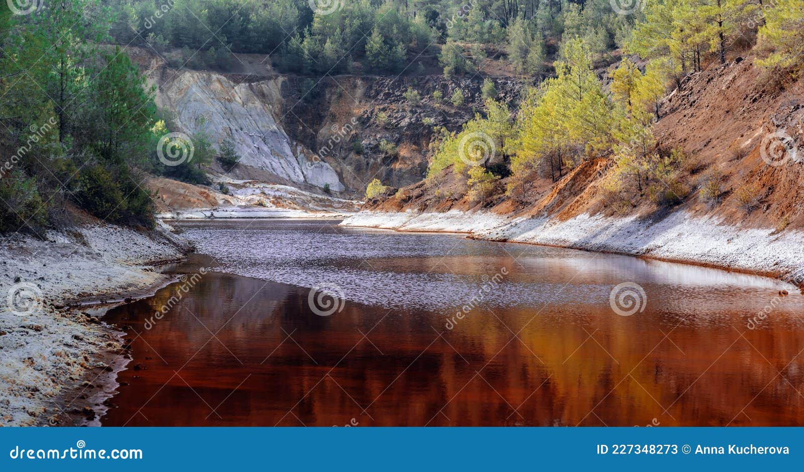 Shore of Toxic Red Lake in Open Pit of Old Copper Mine in a Forest ...