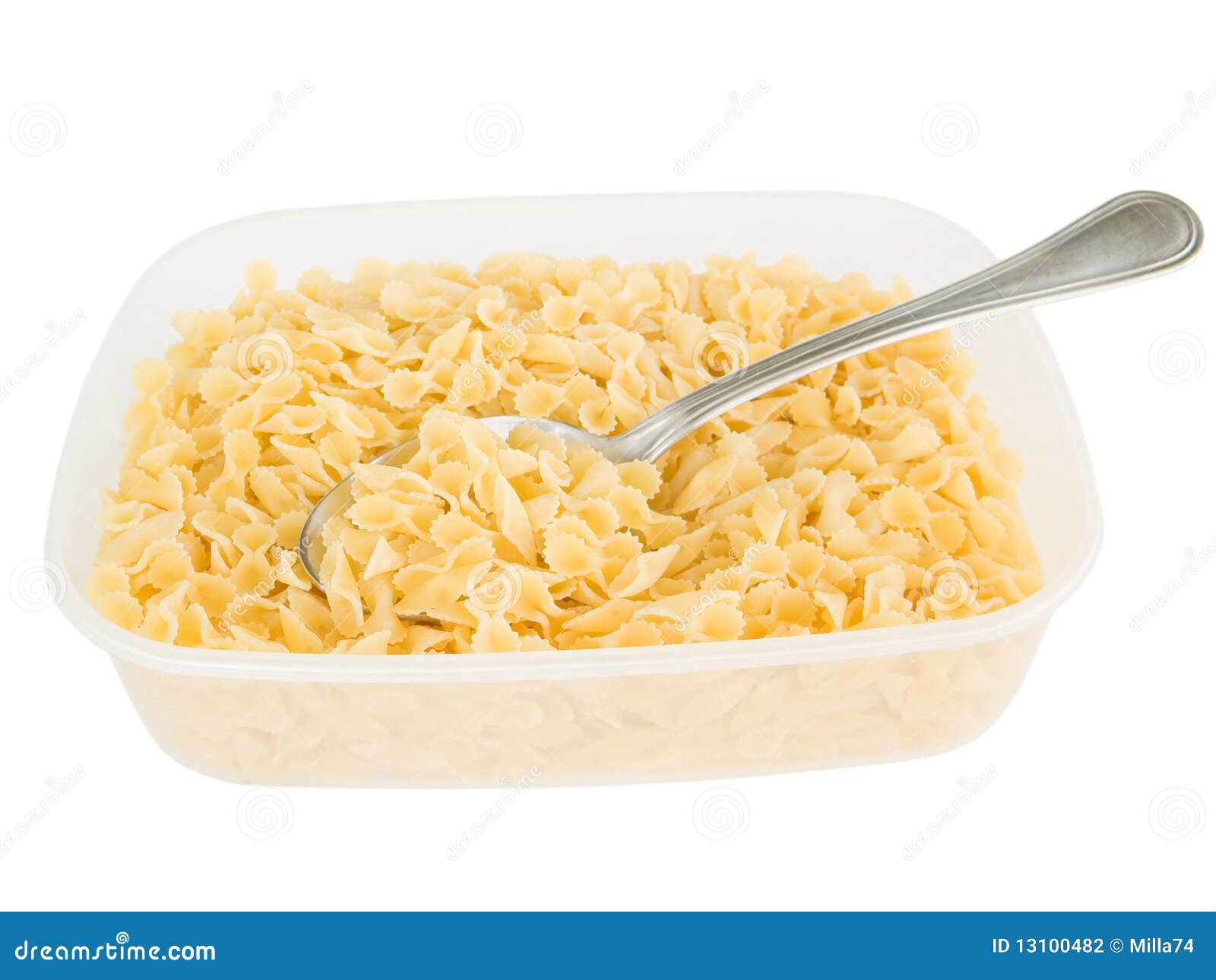 Short-cut Pasta with Spoon in Plastic Container. Stock Photo - Image of ...