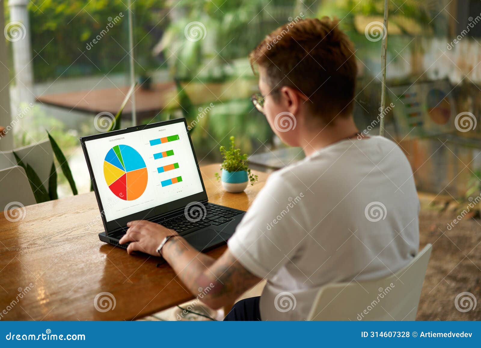 Transgender Professional Analyzes Pie Chart, Bar Graph on Laptop at Eco ... Transgender Professional Analyzes Pie Chart, Bar Graph on Laptop at Eco ...
