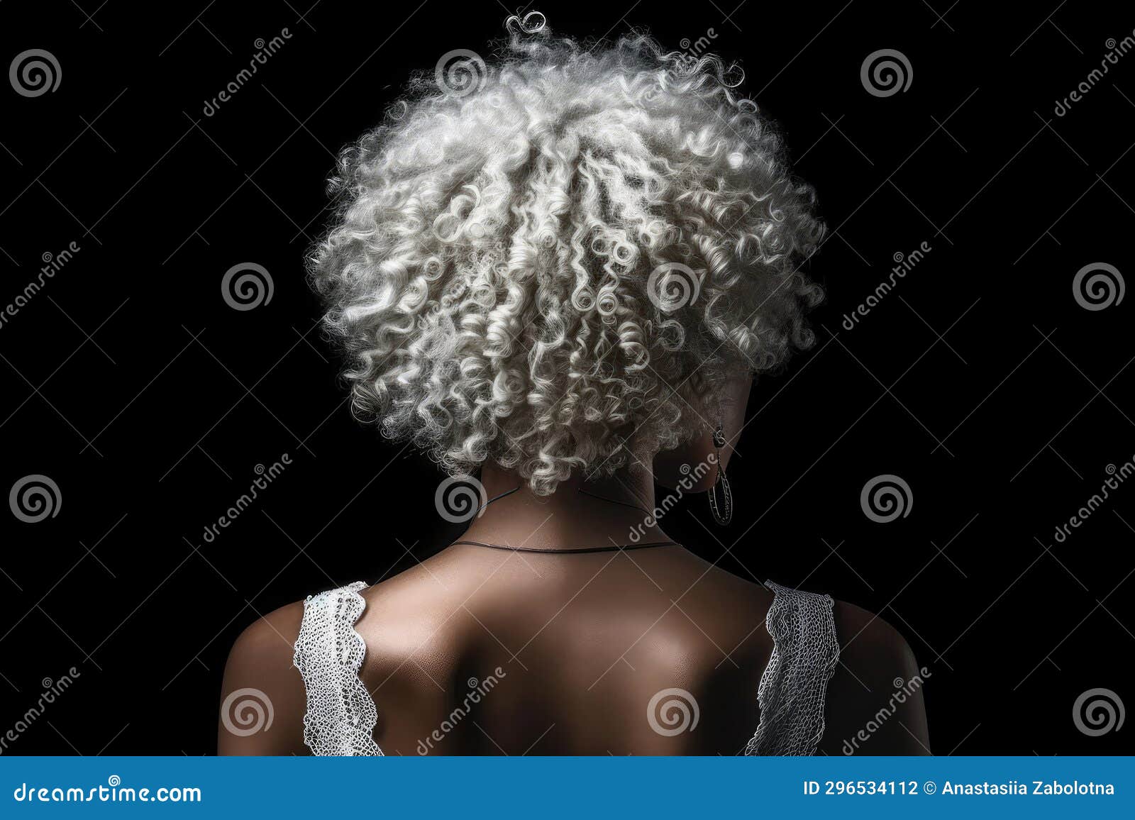 Short White Afro Curls , Rear View on Black Background. Generative AI ...