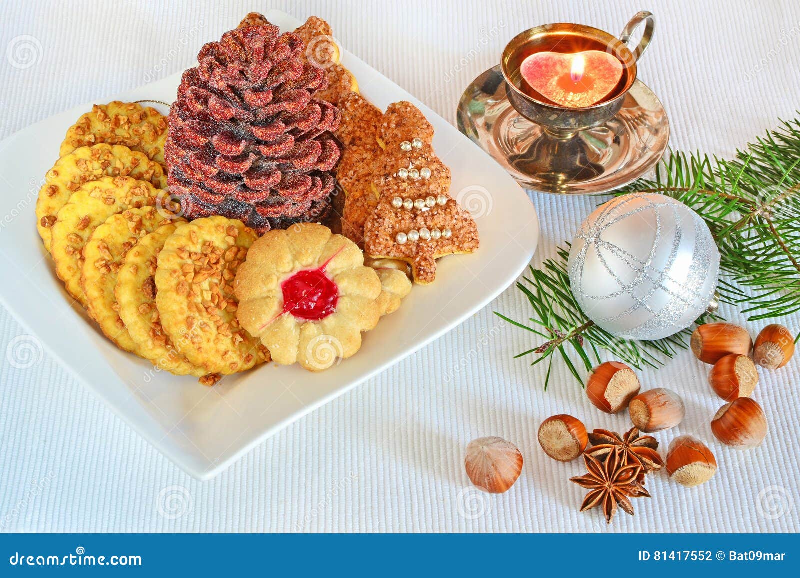 Shortbread Biscuits, Candle, Christmas Decorations and Fir Branches ...