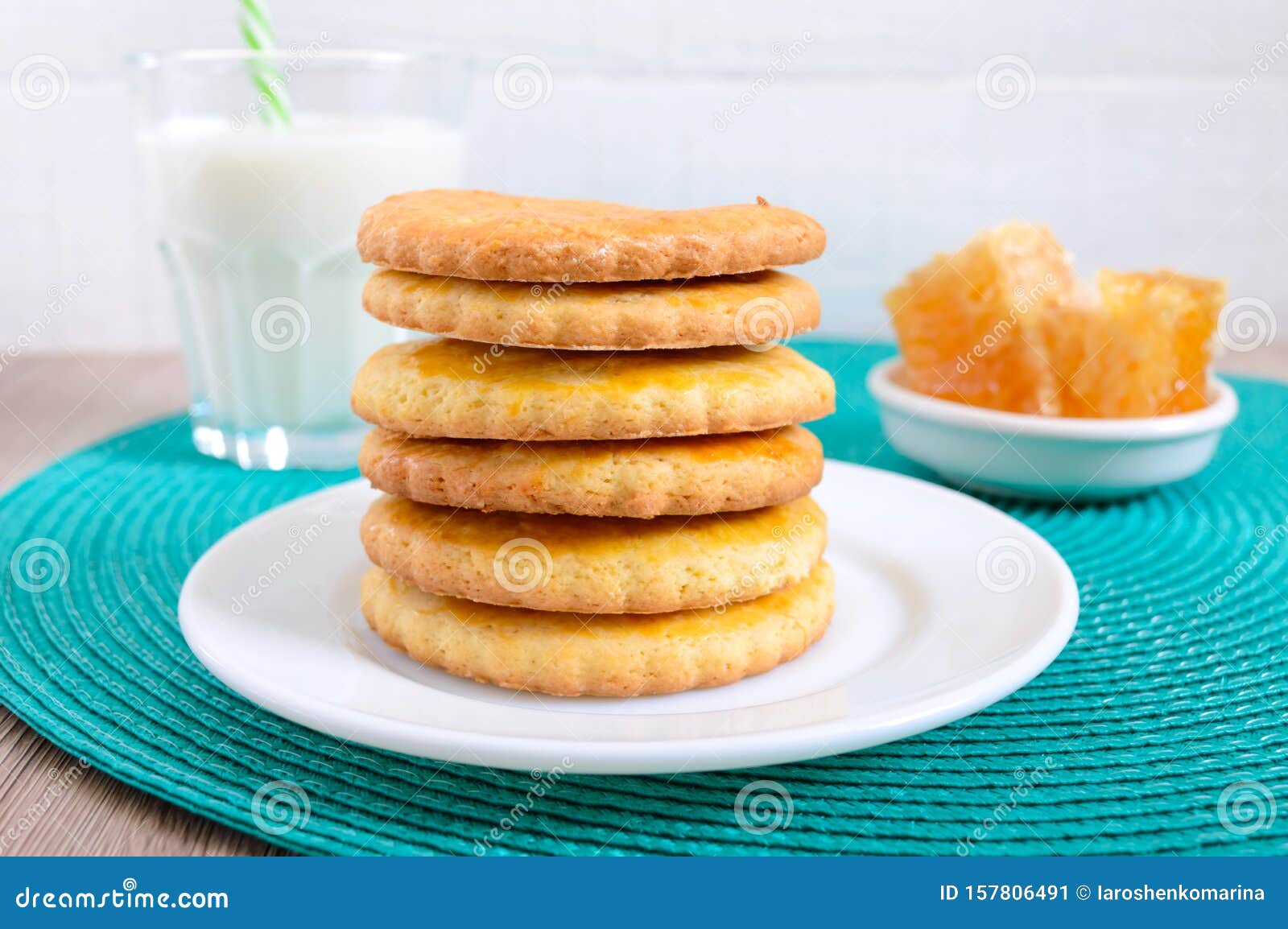Shortbread Dairy Cookies with Milk and Honey. a Stack of Cookies on a ...