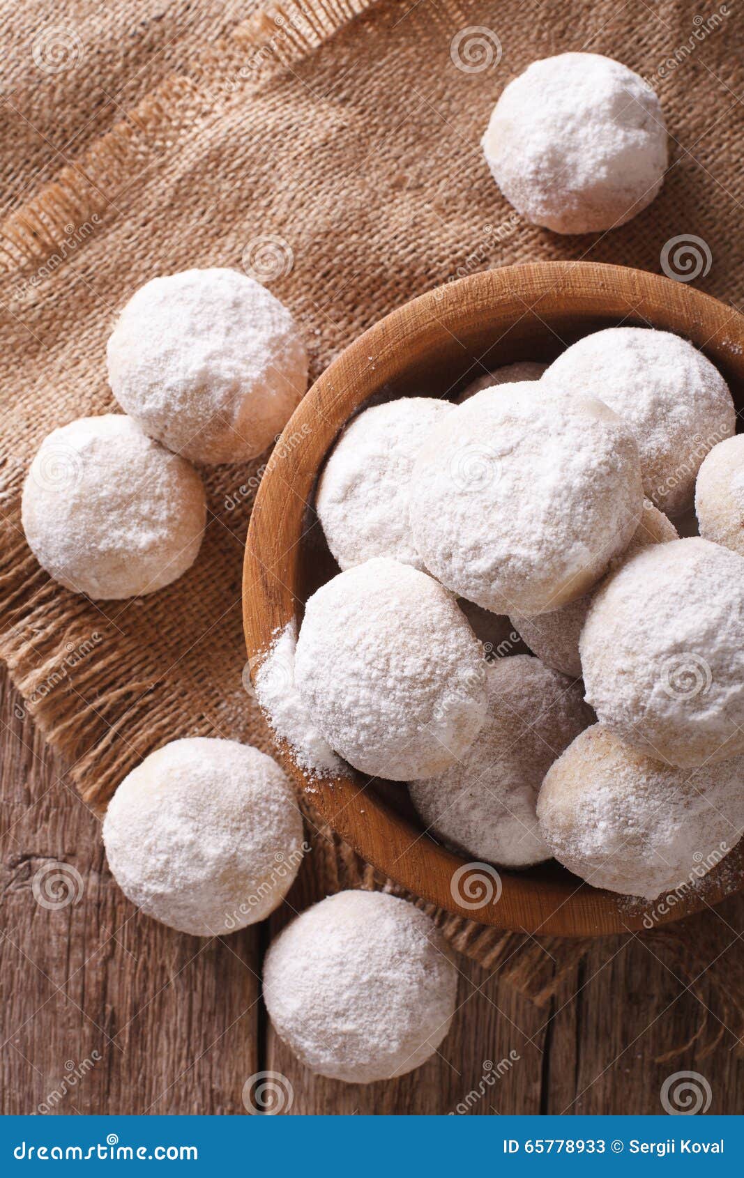 Shortbread Polvoron Close Up in a Wooden Bowl. Vertical Top View Stock ...