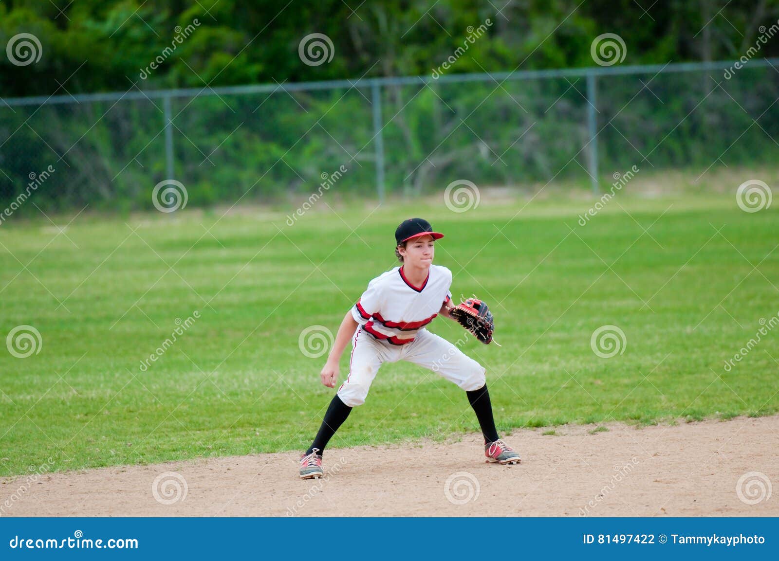 Shortstop Waiting on Ball during Baseball Game. Stock Photo - Image of ...