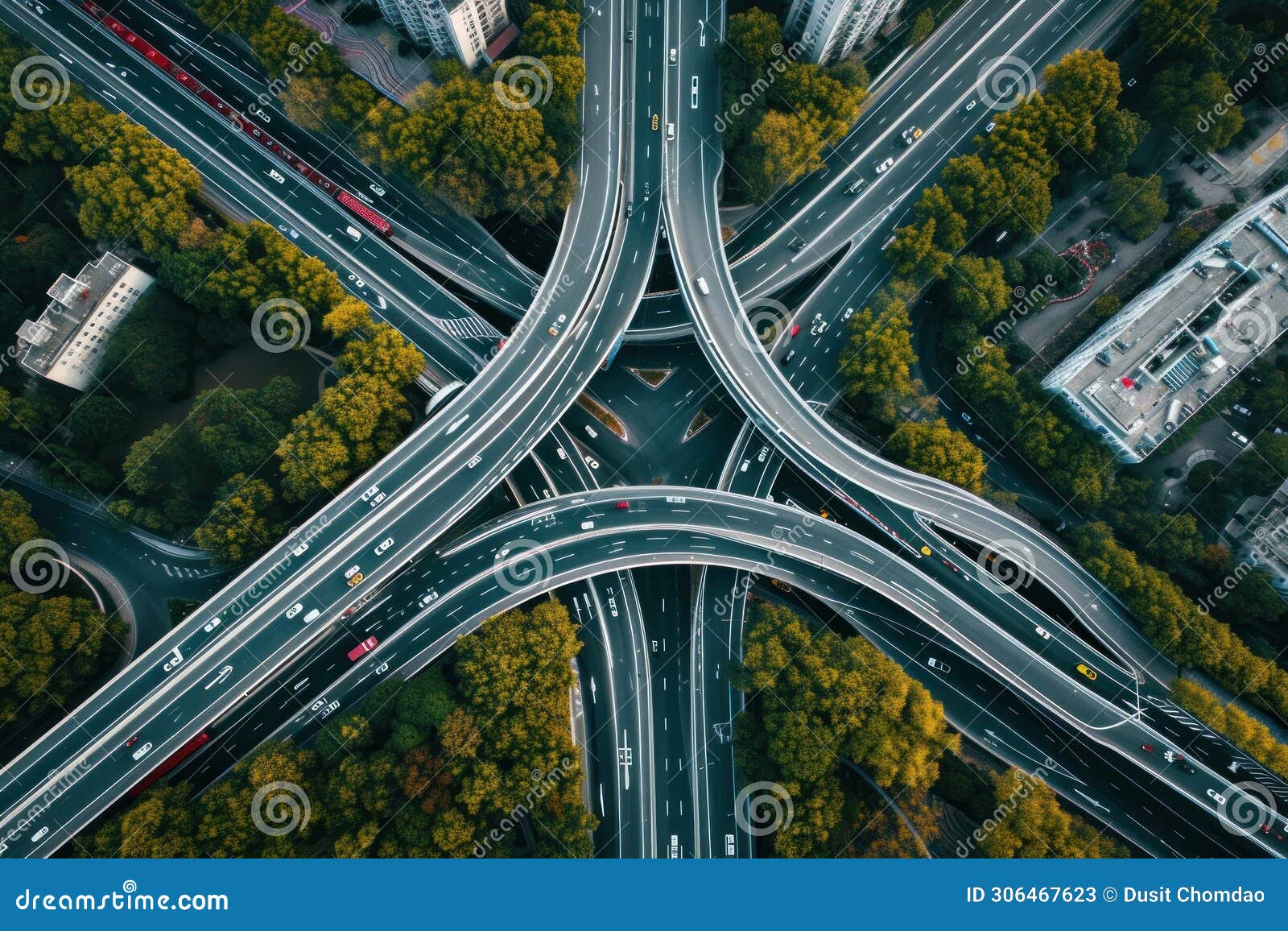 Shot of Aerial Capture of a Highway Interchange with a Central Railway ...
