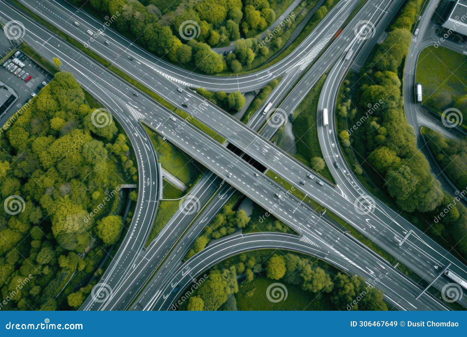 Shot of Aerial Capture of a Highway Interchange with a Central Railway ...