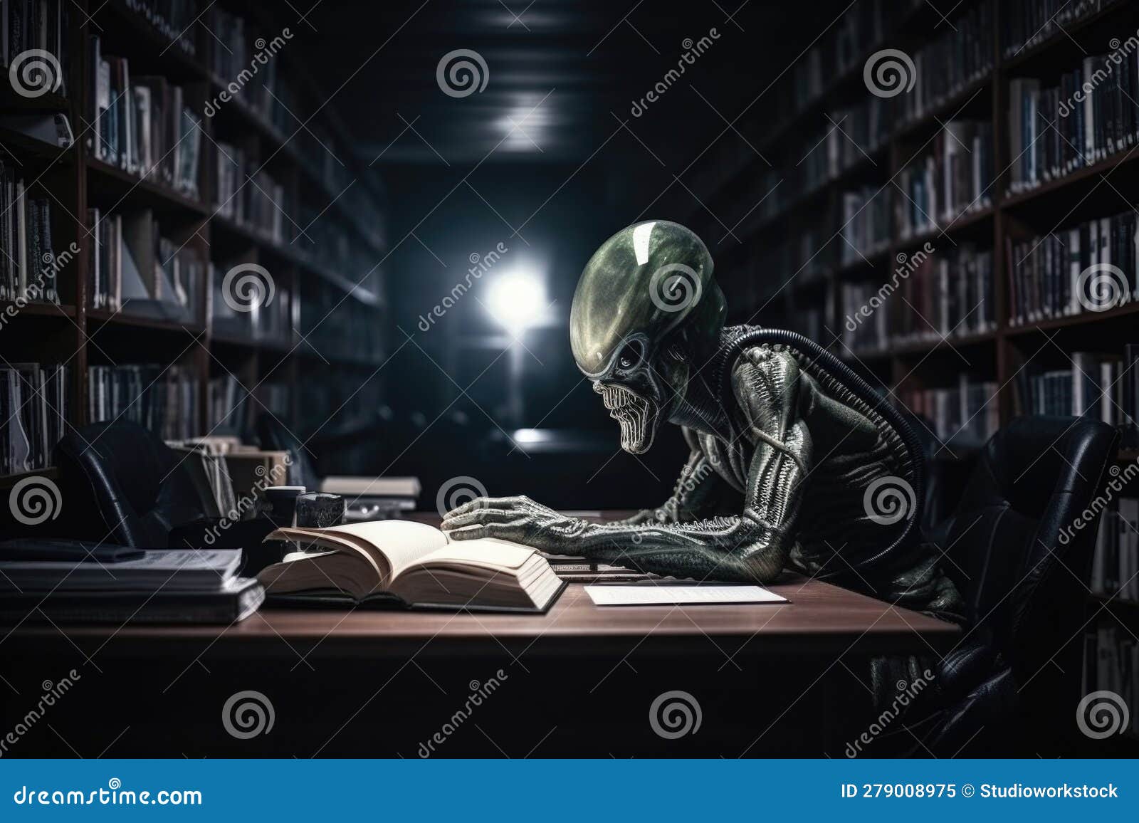 Shot of Alien Student Studying in Library, Surrounded by Books and ...