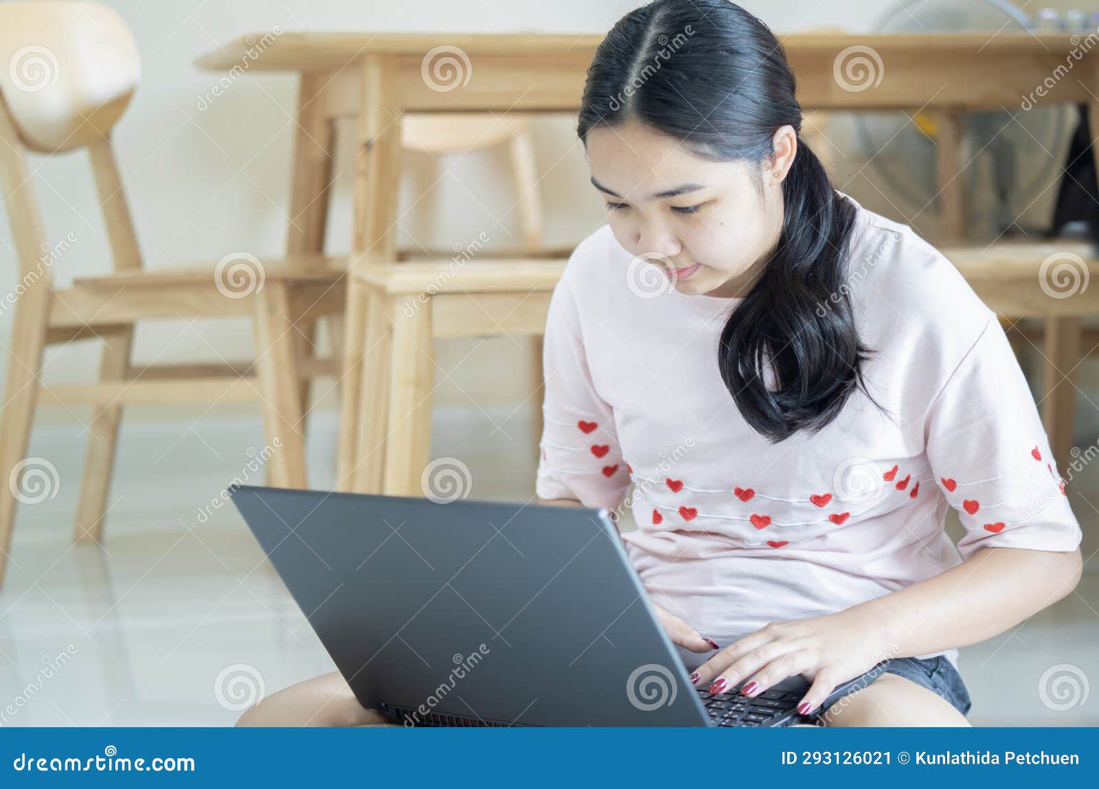 Shot of Asian Girl School Student E Learning Distance Training Course Study Work at Home Stock ...