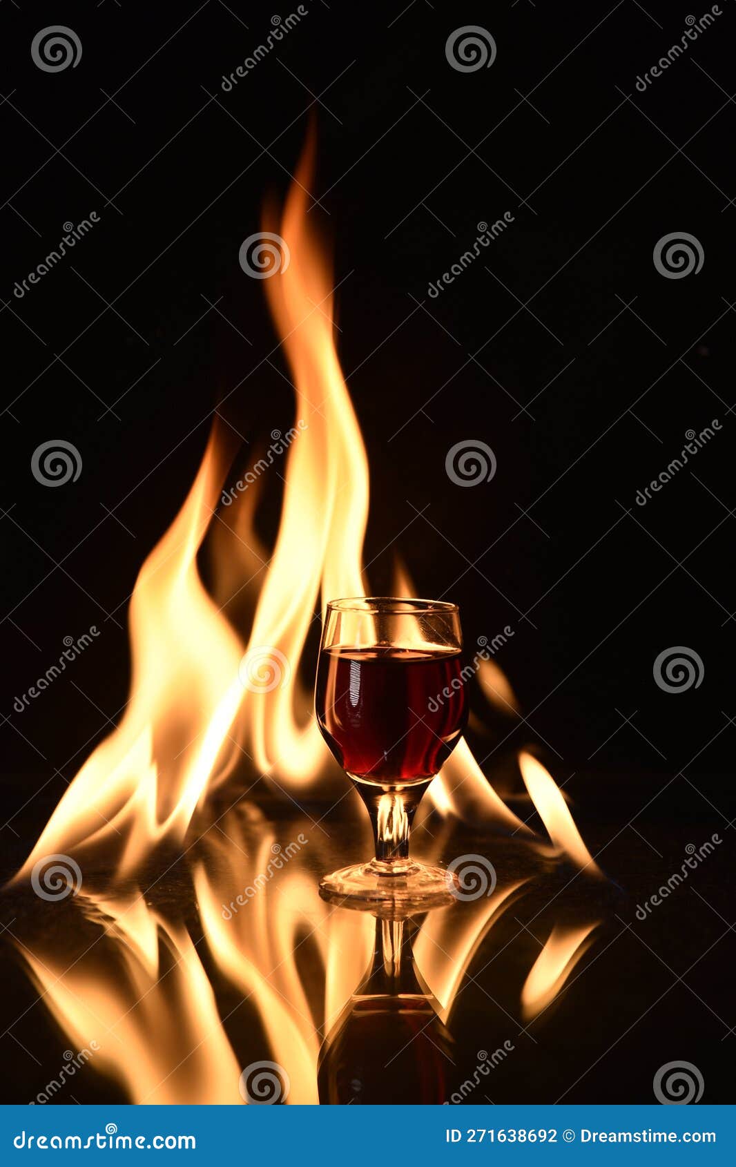 Shot of Cognac Drink with Fire in the Background Glass of Red Wine ...