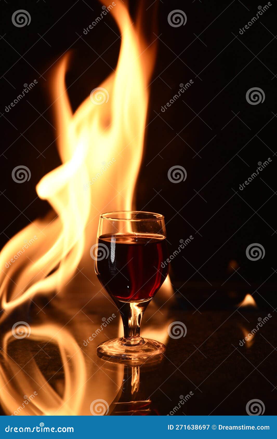 Shot of Cognac Drink with Fire in the Background Glass of Red Wine ...