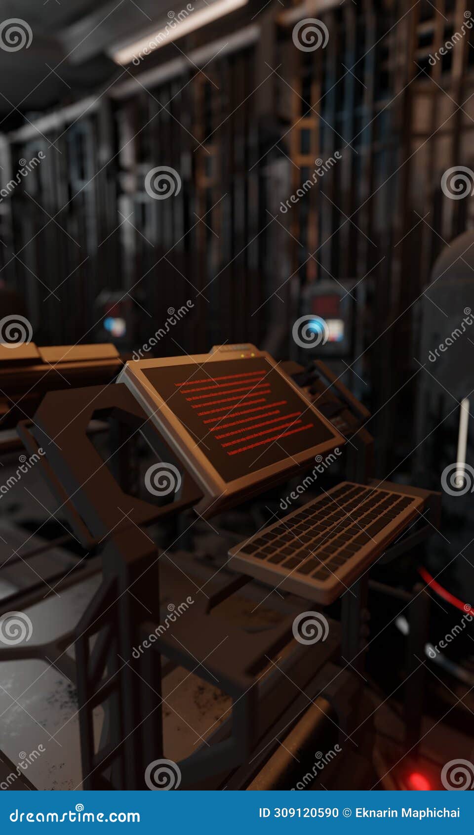 Shot of Computer in Control Room Center Abandoned Laboratory in Dark Scene Stock Illustration ...