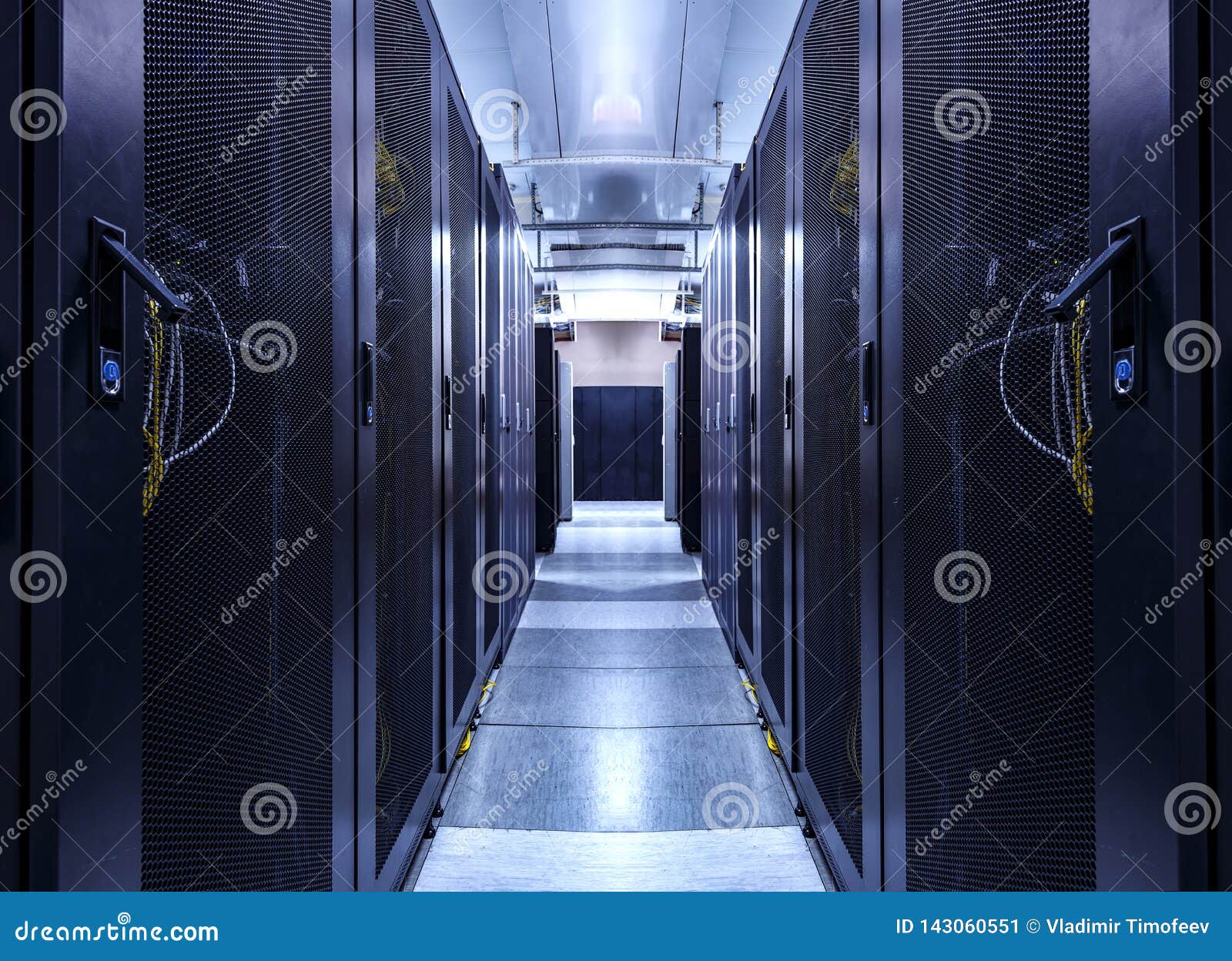 Shot of Corridor in Working Data Center Full of Rack Servers and ...