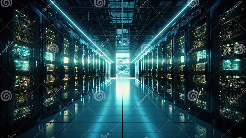 Shot of Corridor in Working Data Center Full of Rack Servers and ...