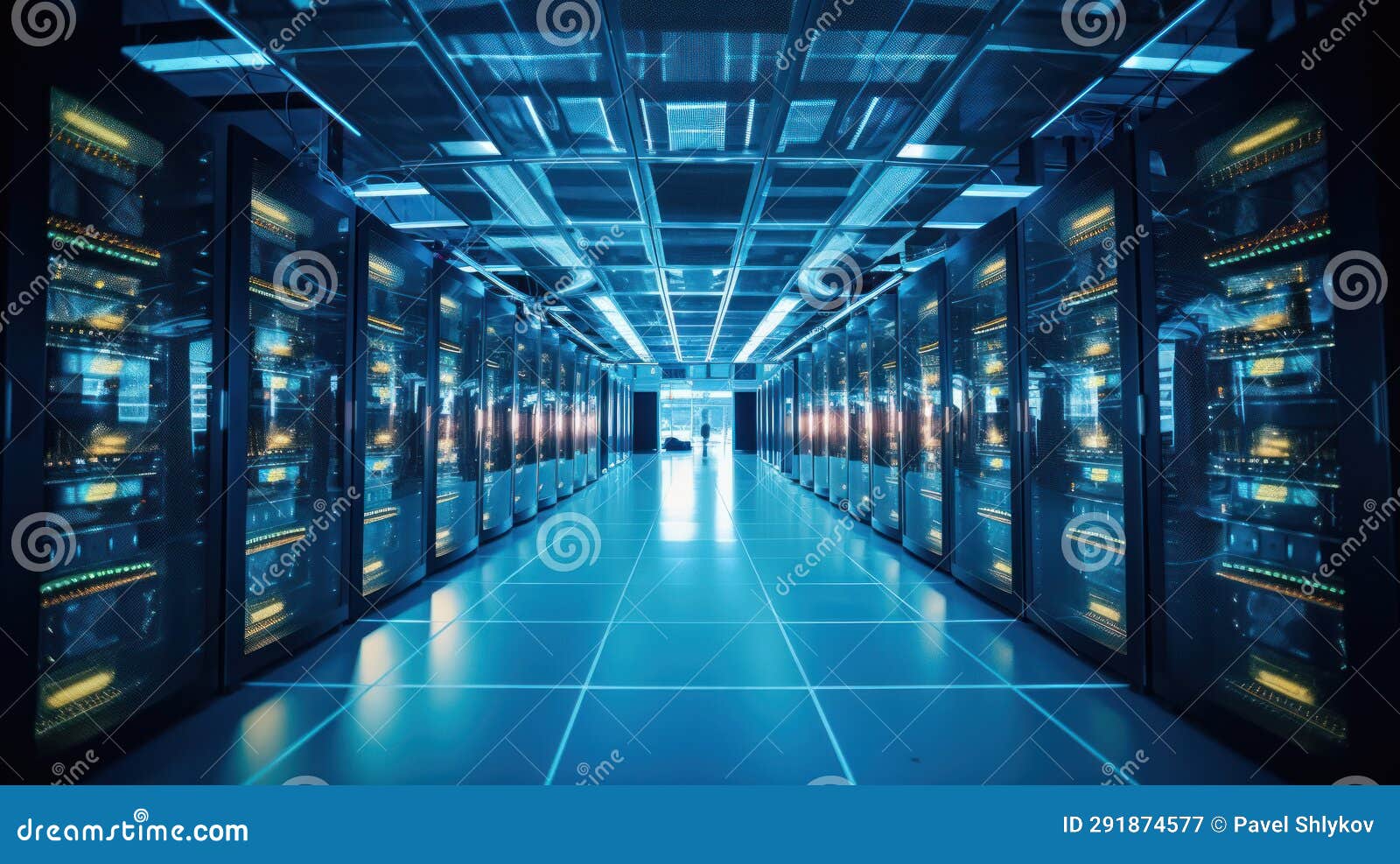 Shot of Corridor in Working Data Center Full of Rack Servers and ...