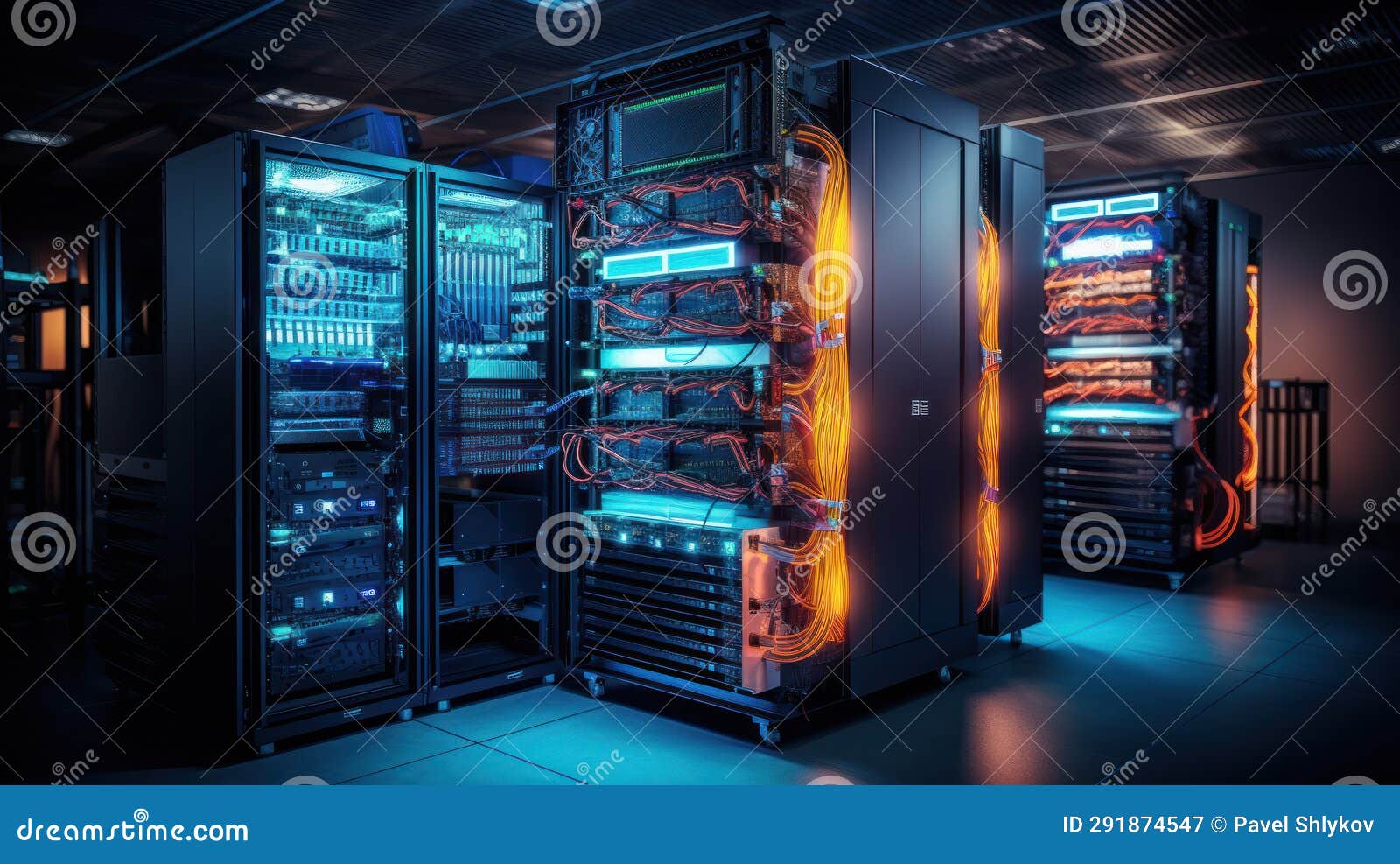 Shot of Corridor in Working Data Center Full of Rack Servers and ...