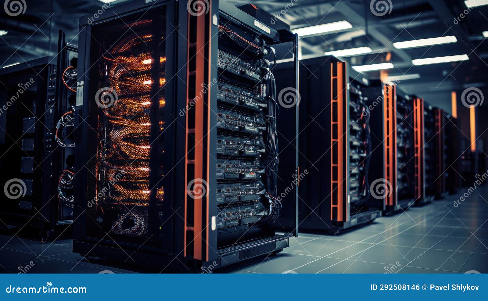 Shot of Corridor in Working Data Center Full of Rack Servers and ...