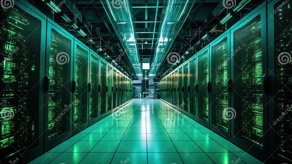 Shot of Corridor in Working Data Center Full of Rack Servers and ...