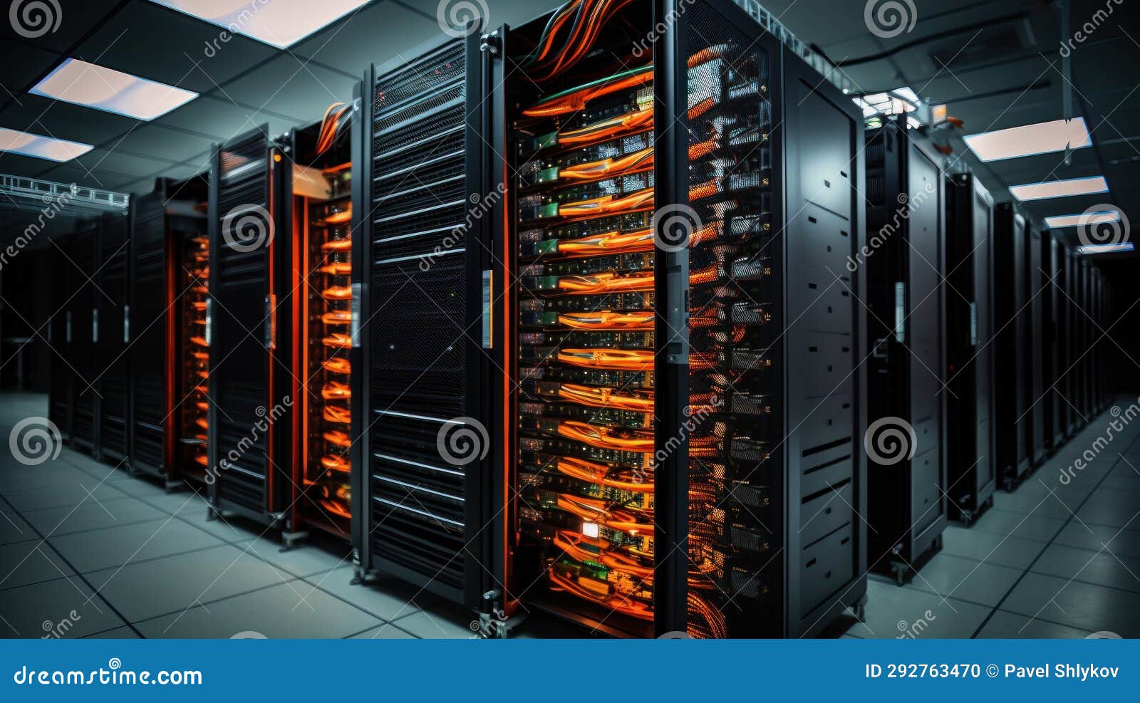 Shot of Corridor in Working Data Center Full of Rack Servers and ...