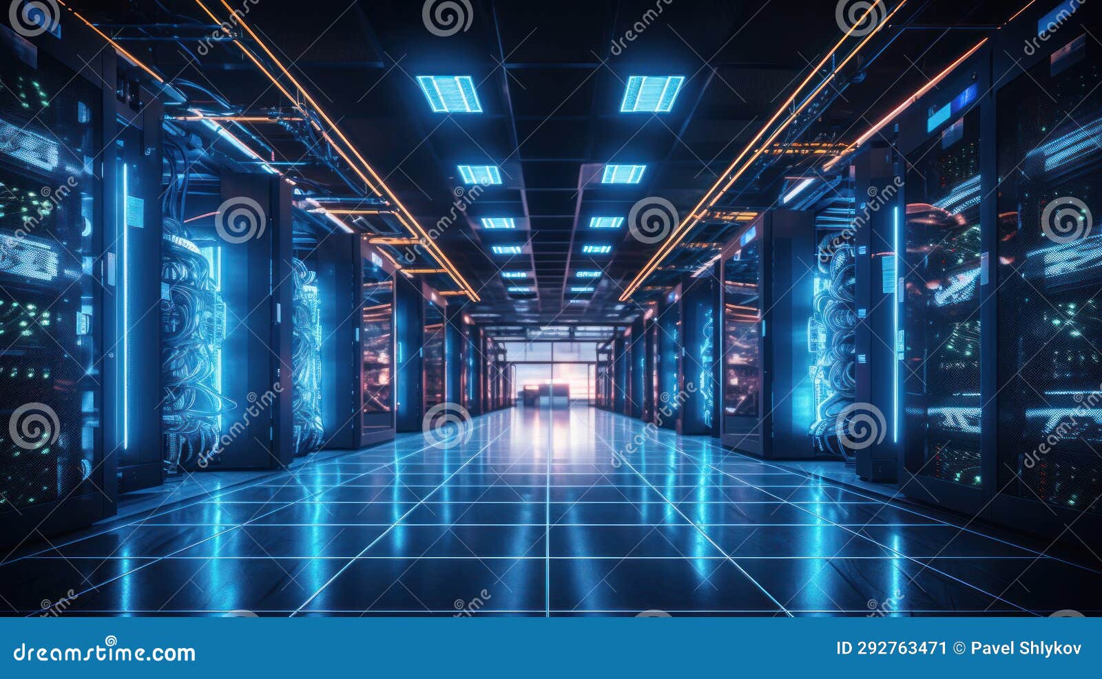 Shot of Corridor in Working Data Center Full of Rack Servers and ...