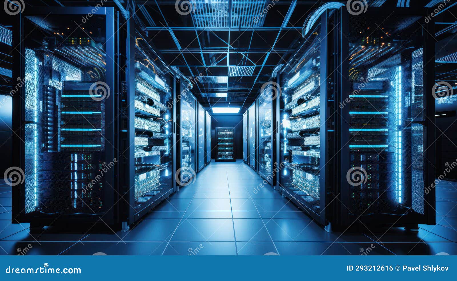 Shot of Corridor in Working Data Center Full of Rack Servers and ...