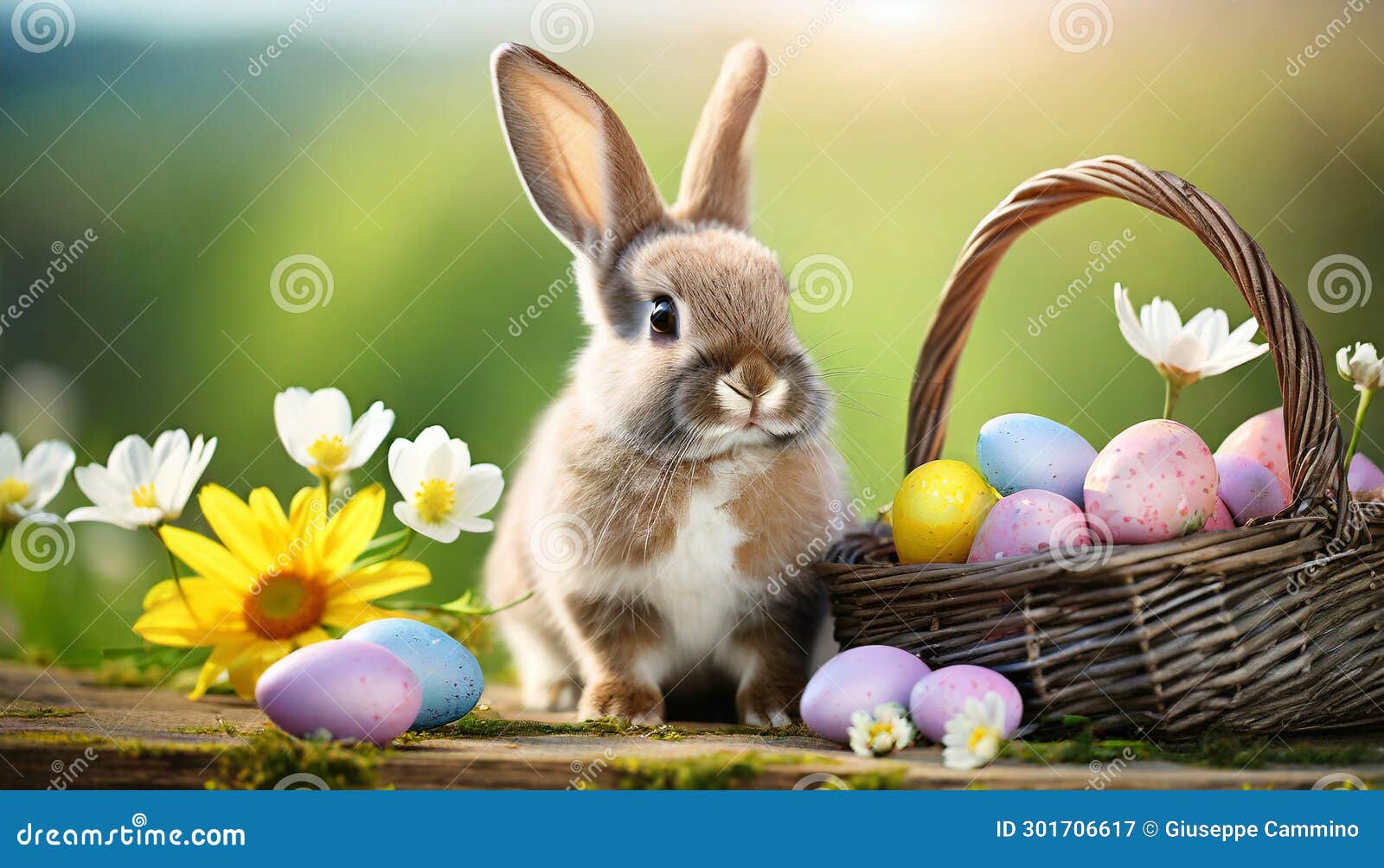 Cute Easter Bunny with Basket of Eggs and Spring Flowers on Nature ...