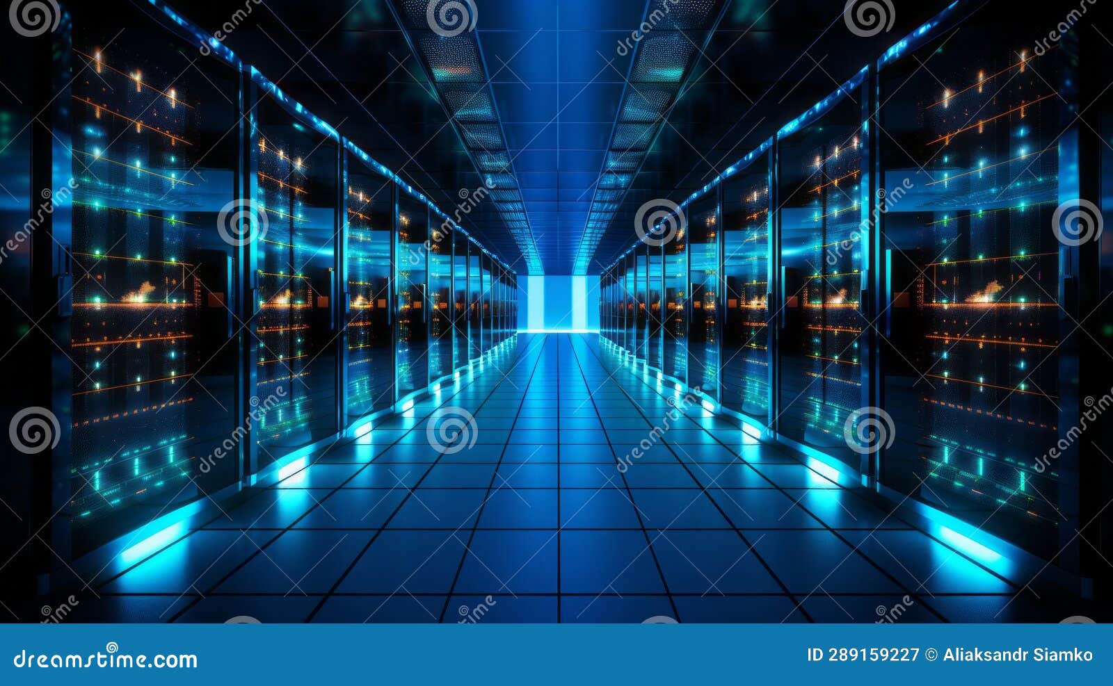 Shot of a Dark Data Center with Multiple Rows of Fully Functional ...