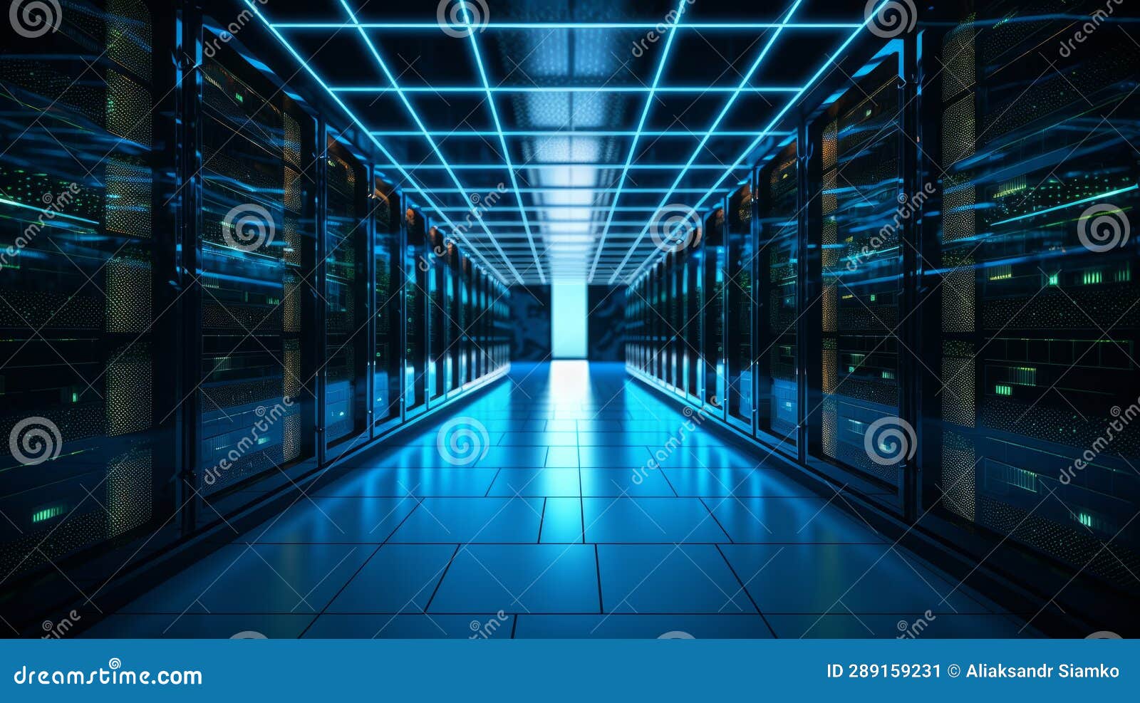 Shot of a Dark Data Center with Multiple Rows of Fully Functional ...