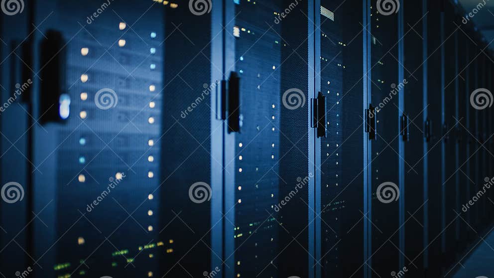 Shot of Dark Modern Data Center with Row of Fully Operational Server ...